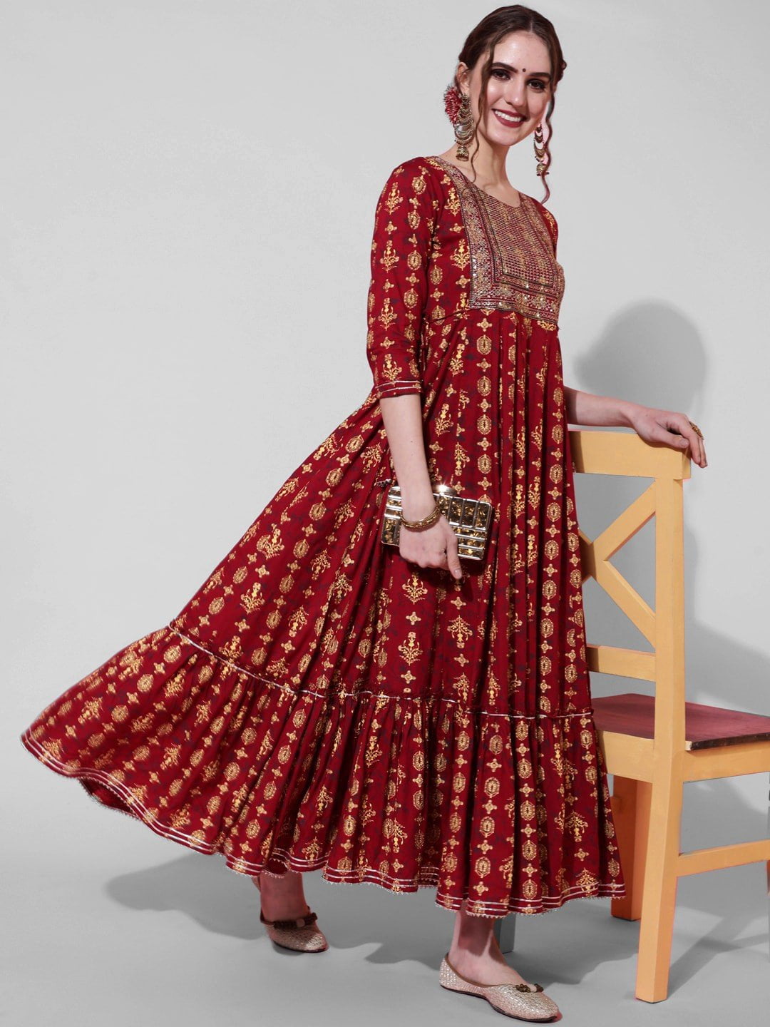 Maroon Ethnic Motifs Printed Anarkali Kurta with Sequins Detail ...