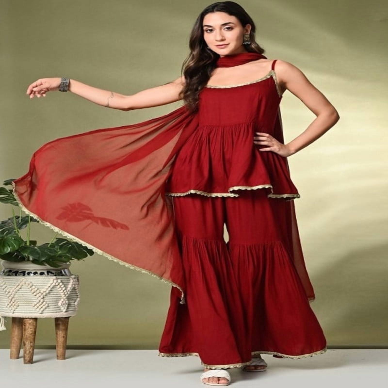 Shivansh Creations Maroon & Gold Kurta Sharara Dupatta Set, Viscose ...