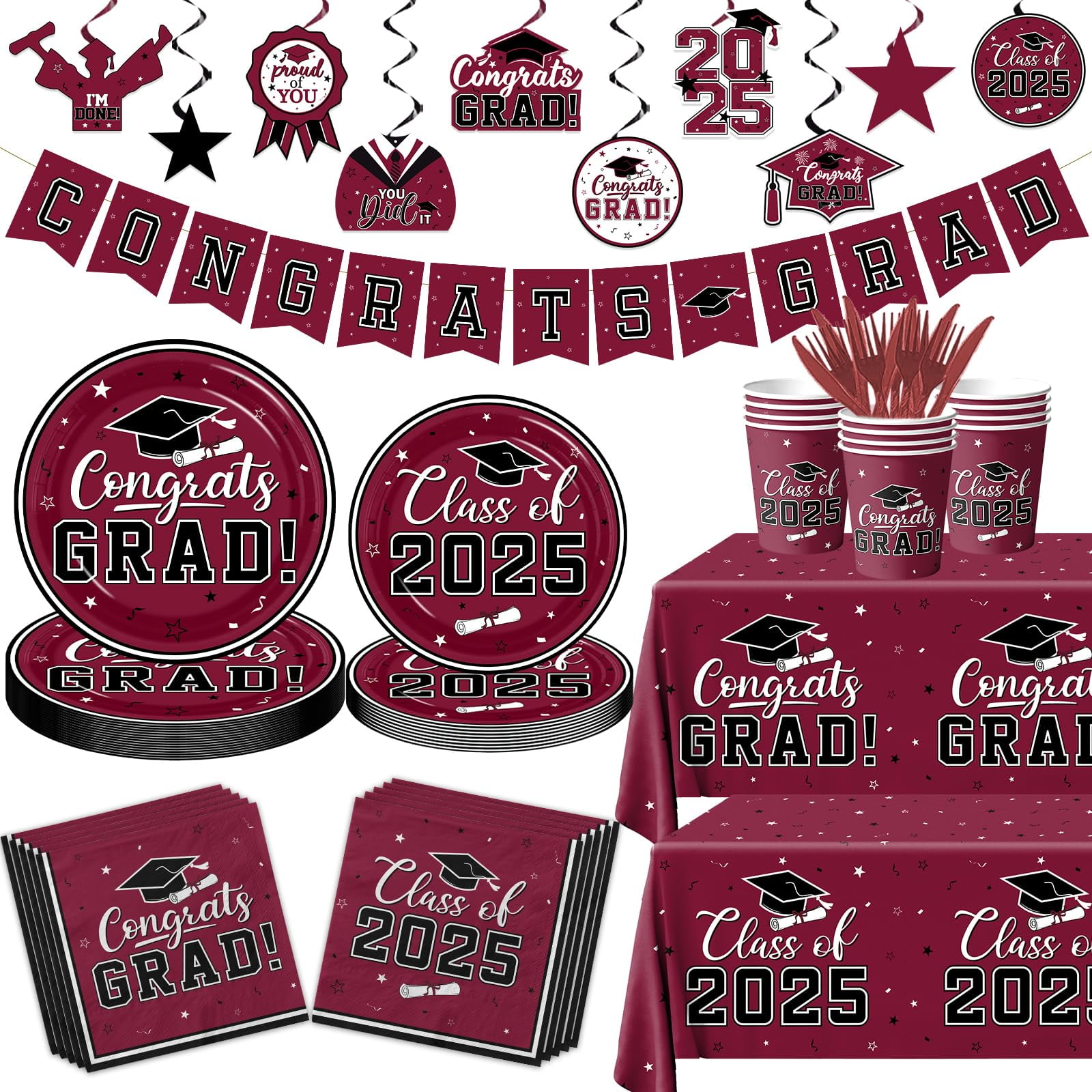 Maroon Graduation Decorations AJH3 2025, 188Pcs Congrats Grad ...