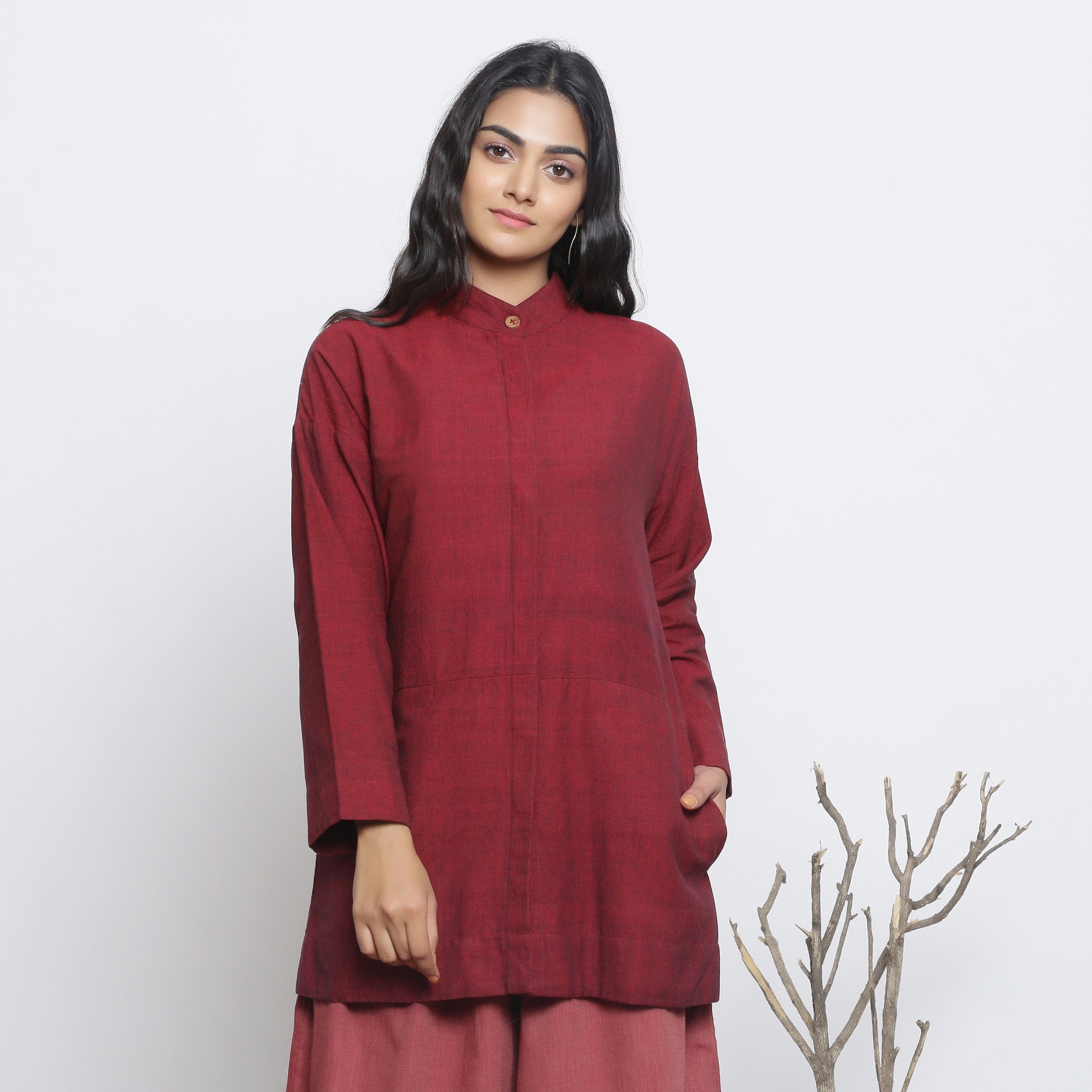 Maroon Handspun Cotton Double Placket Button-Down Jacket - Walmart.com
