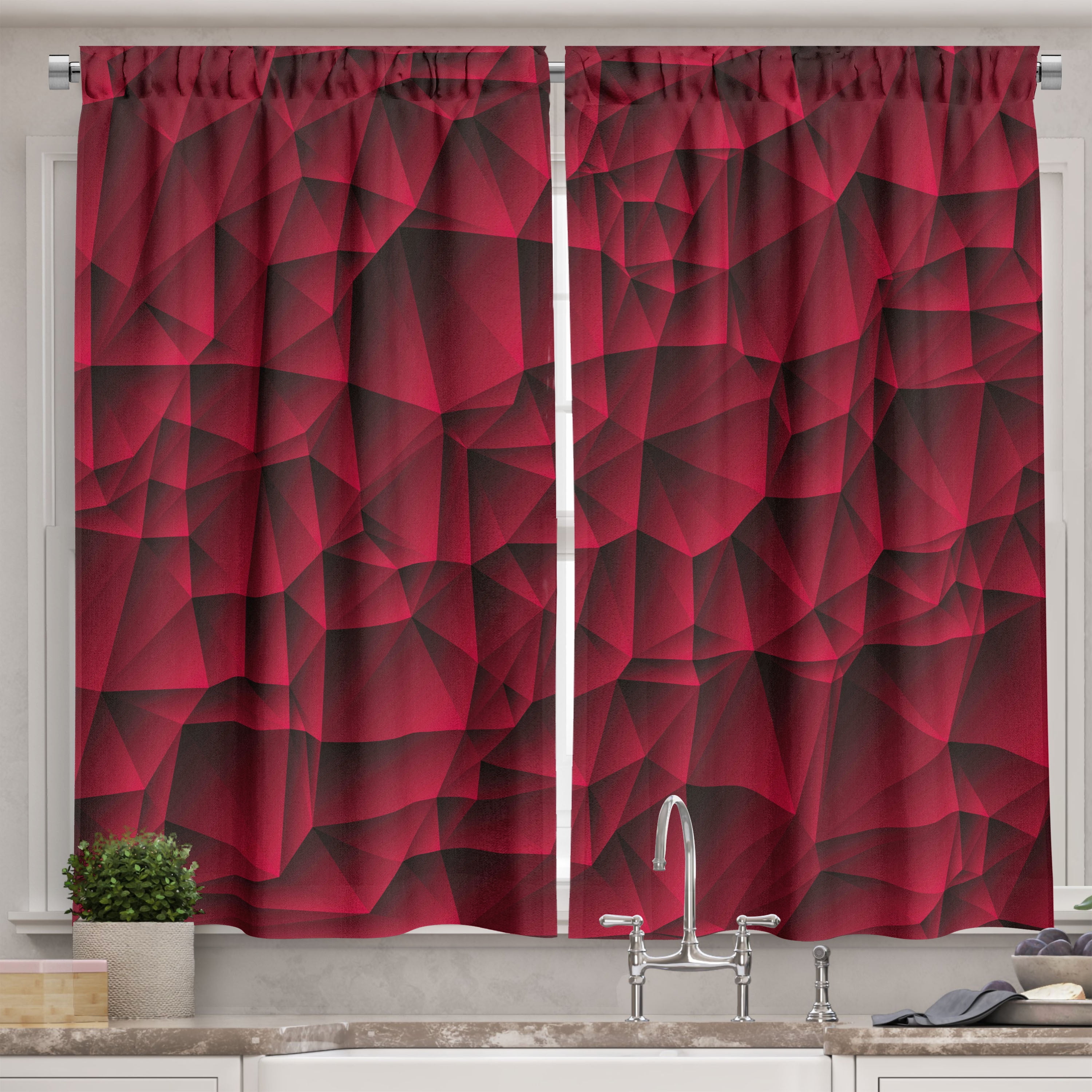 Maroon Kitchen Curtains, Modern Geometric Contemporary Art Wave Like ...