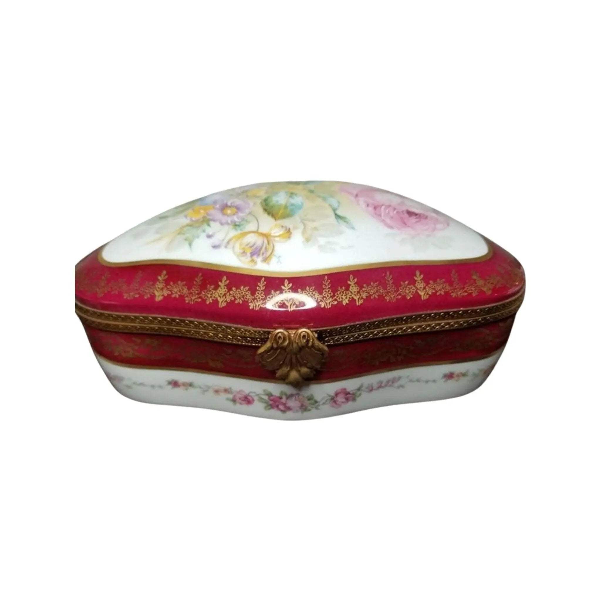 Maroon Large Jewelry Chest - Floral Design Limoges Box Porcelain ...