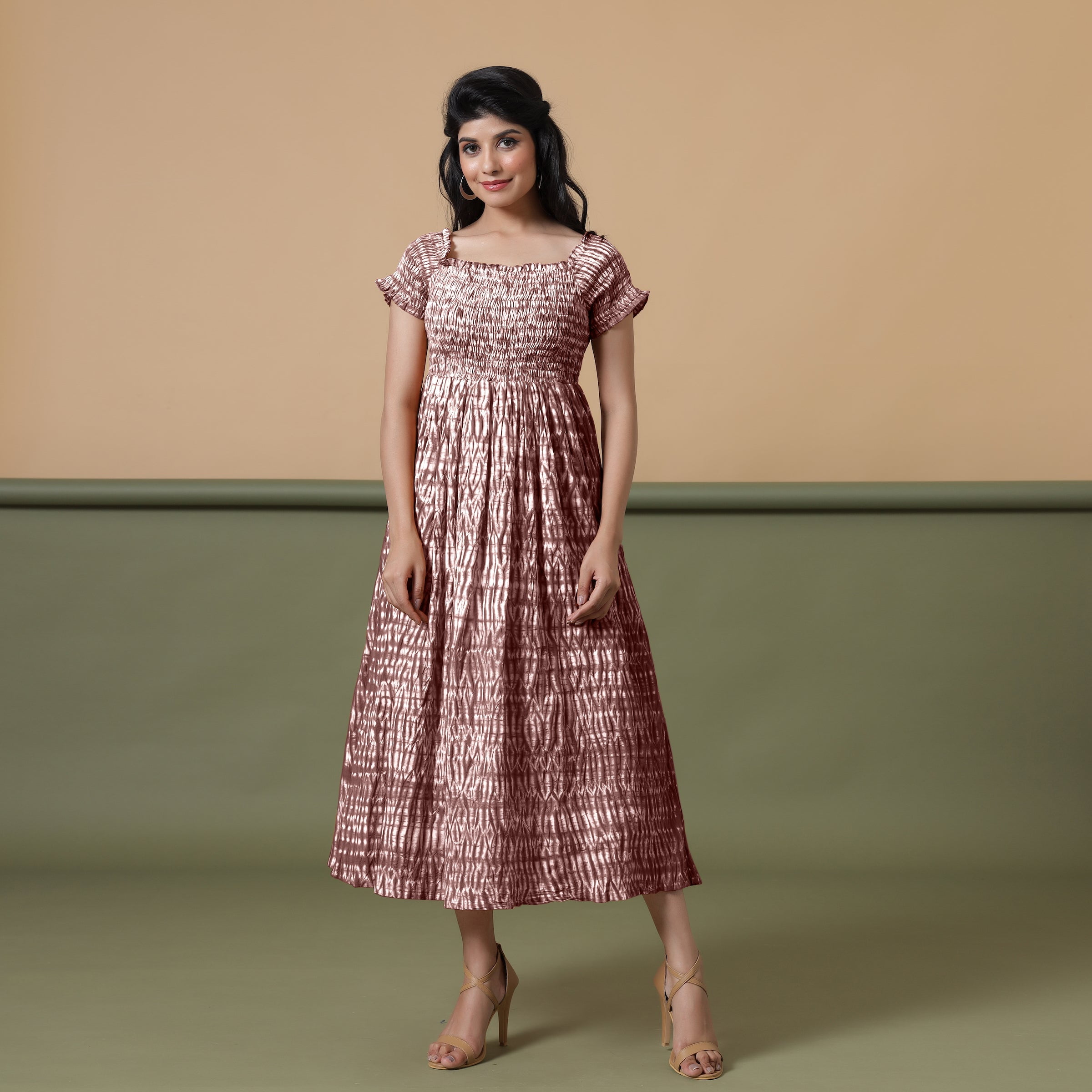 Maroon Shibori Tie-Dye Cotton Elasticated Gathered Midi Dress - Walmart.com