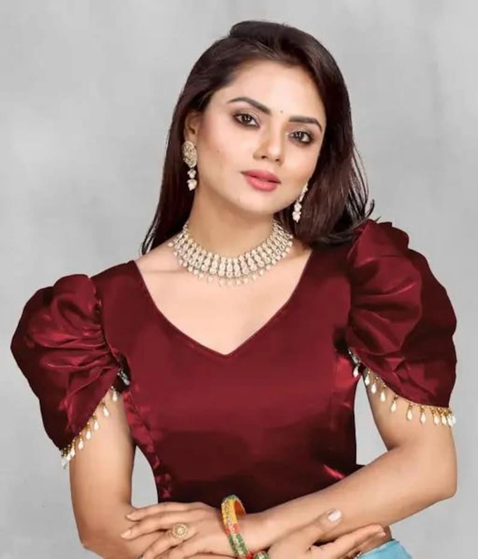 Maroon Silk Designer Puff Sleeve Blouse with Pearl Drops - Walmart.com