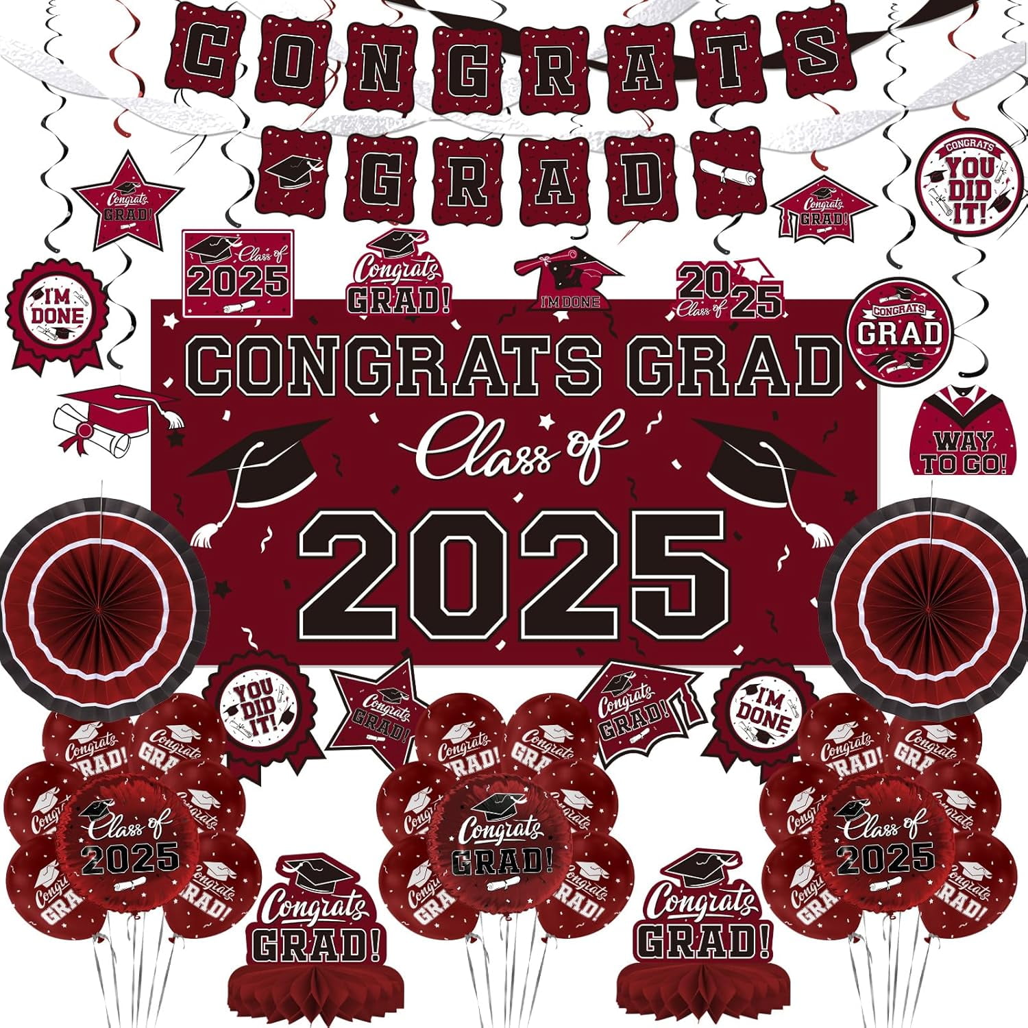 Maroon Themed 2025 Graduation Decorations Set, Congrats Grad Banner ...