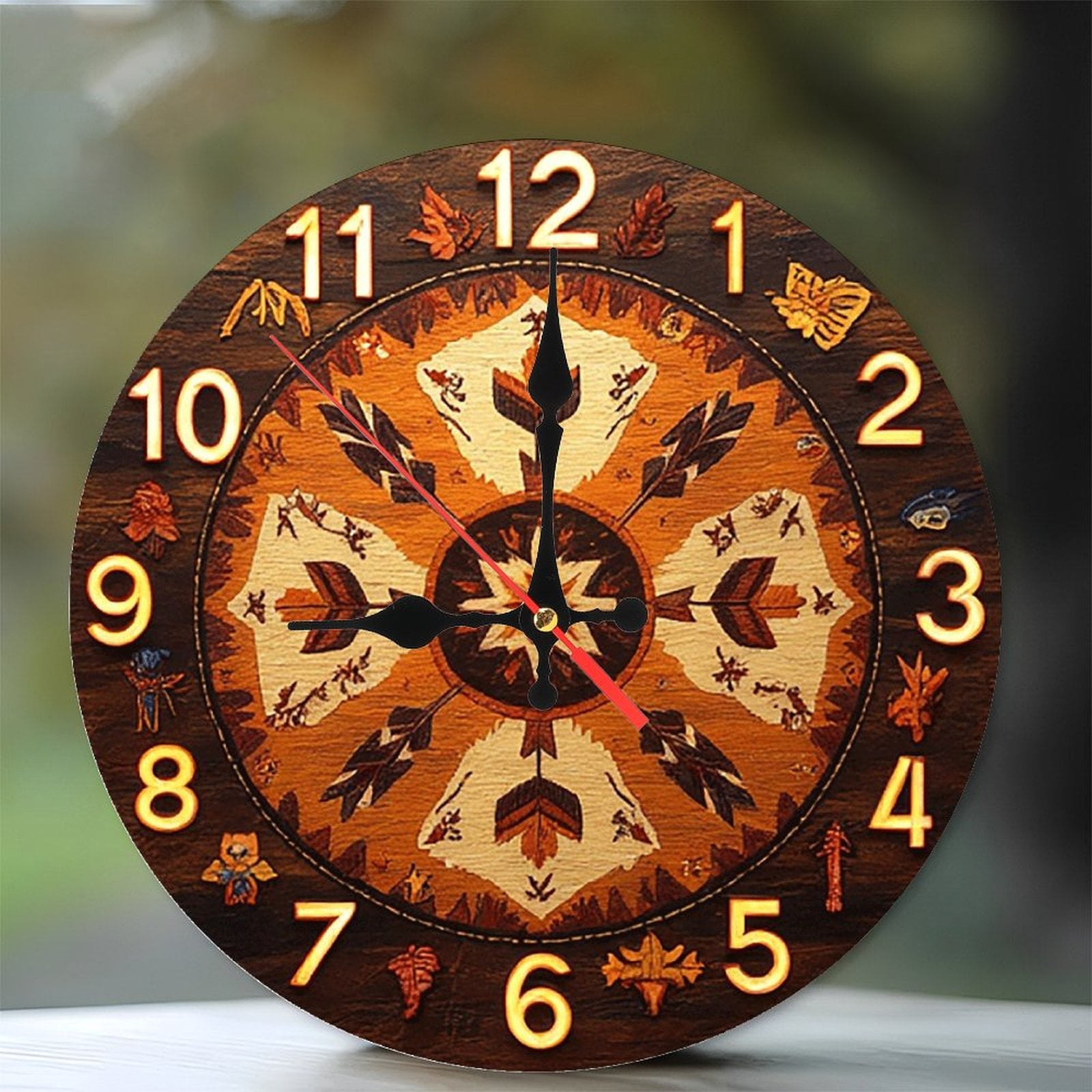 Marquetry Wooden Wall Clock Intarsia Autumn Leaves 10-Inch Silent ...