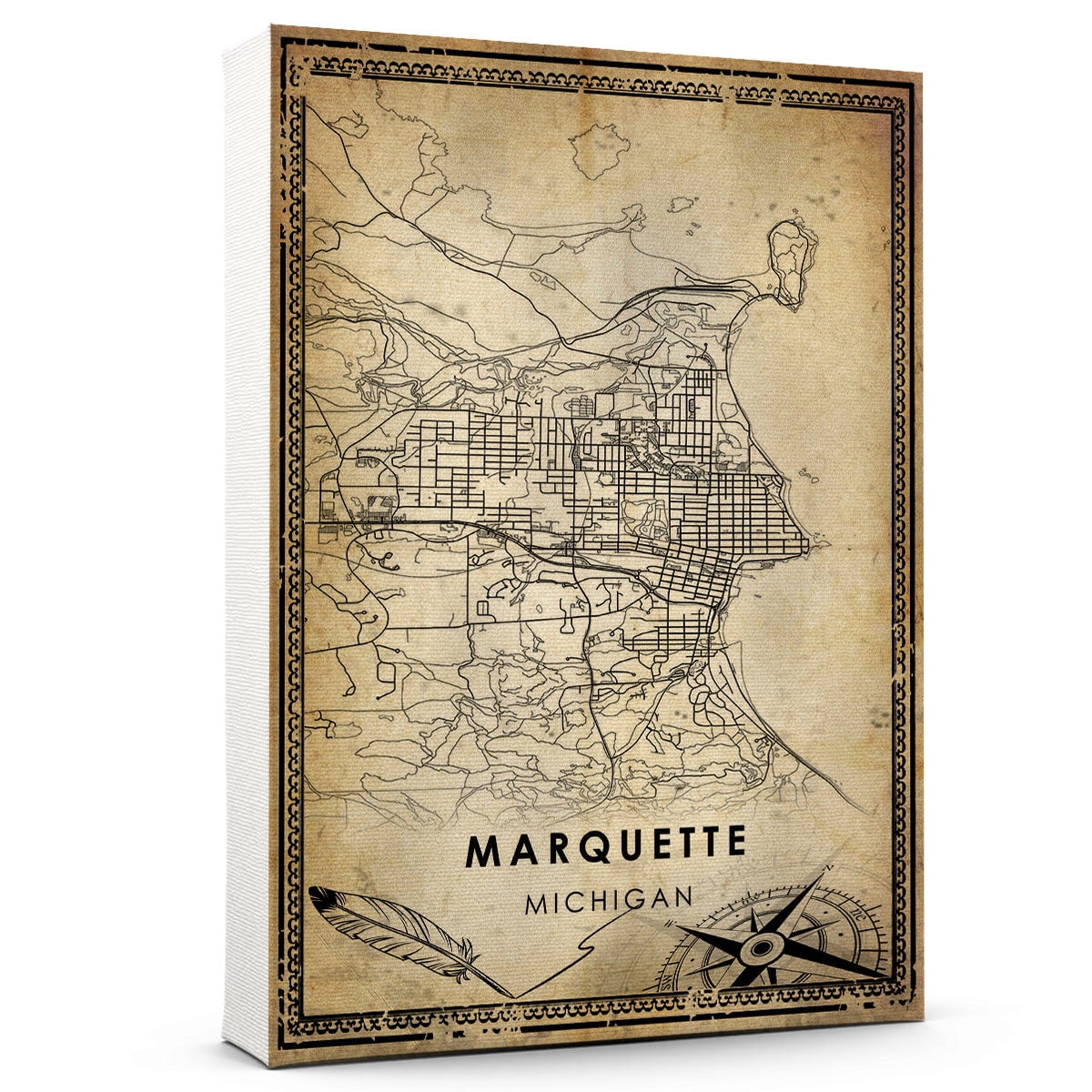 Marquette Vintage Map Prints Canvas, Michigan Map Art Canvas, Canvas ...