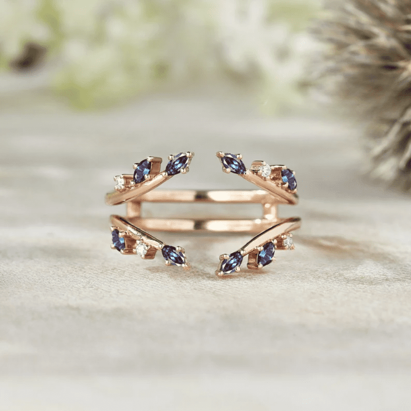 Marquise Alexandrite Wedding Band- Open Leaf Ring Enhancer in 14K Rose Gold Vermeil- June ...