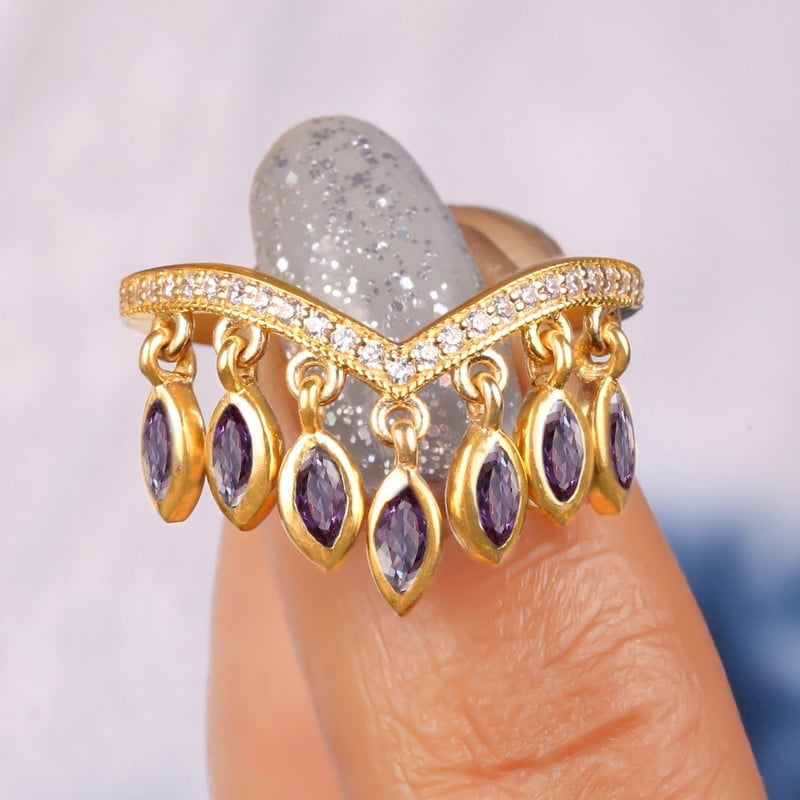 Marquise Cut Alexandrite Dangle Drop Ring, 925 Starling Silver Chevron ...