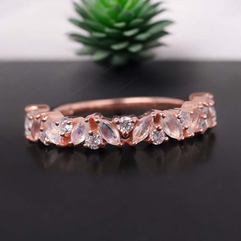 Marquise Cut Moonstone Wedding Band Diamond Half Eternity Proposal Band ...
