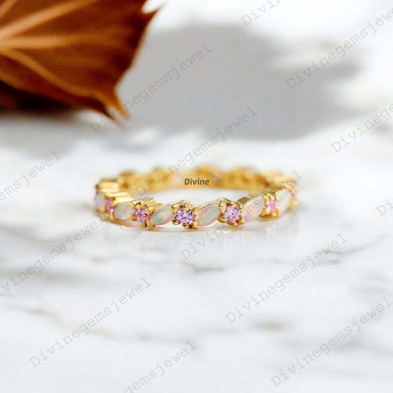 Marquise Opal Wedding Band Ring 14k Gold Eternity Matching Band Dainty Elegant Engagement ...