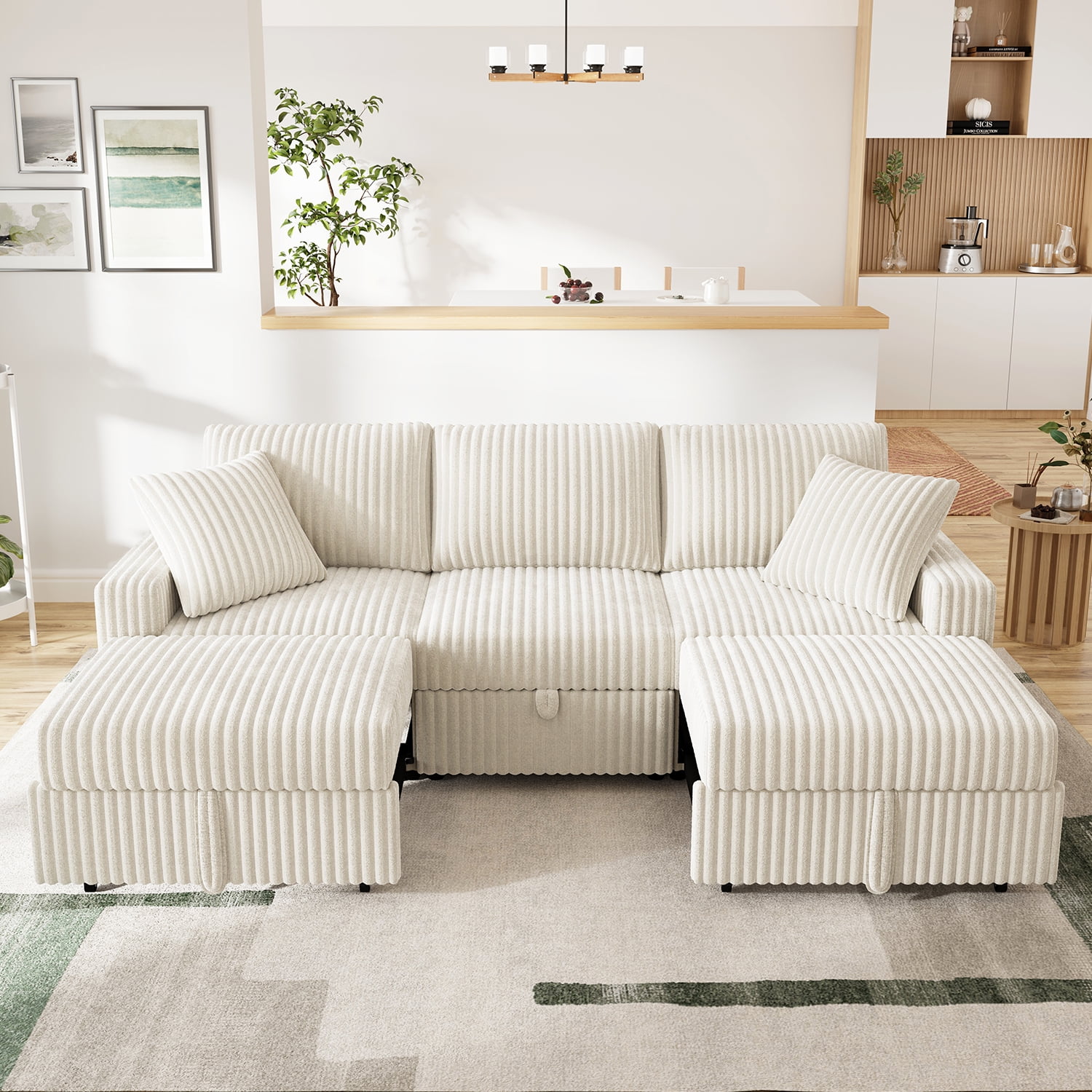 Marrber U-Shaped Modular Sectional Sofa with Pull-Out Chaises Bed and ...