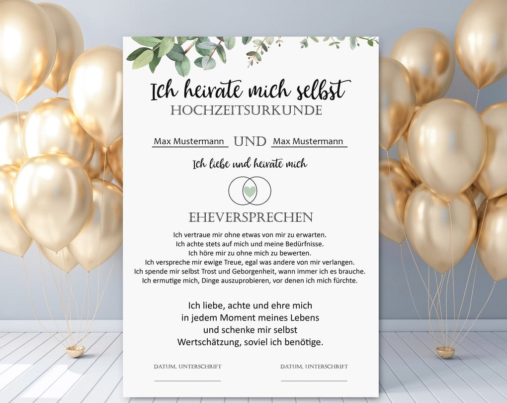 Marry Yourself Wedding Certificate Self-Love Poster Din A4 Self-Esteem ...