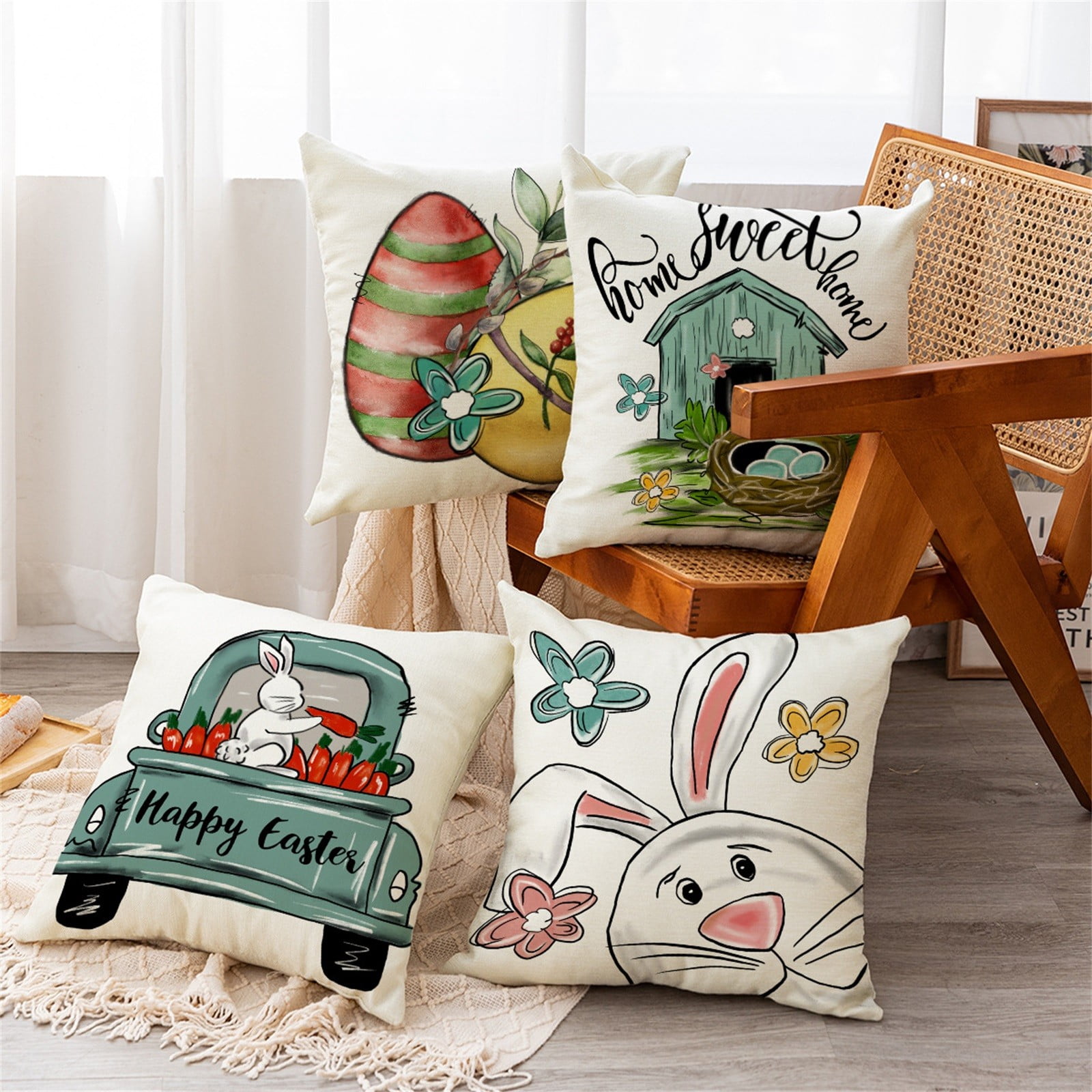 Marryso Easter Pillow Cover Rabbit Print Pillow Cover Versatile Linen ...
