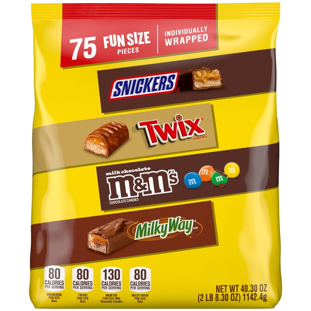 Mars SNICKERS, M&M'S Milk Chocolate, MILKY WAY & TWIX Fun Size Chocolate Candy Variety Pack, 75 ...