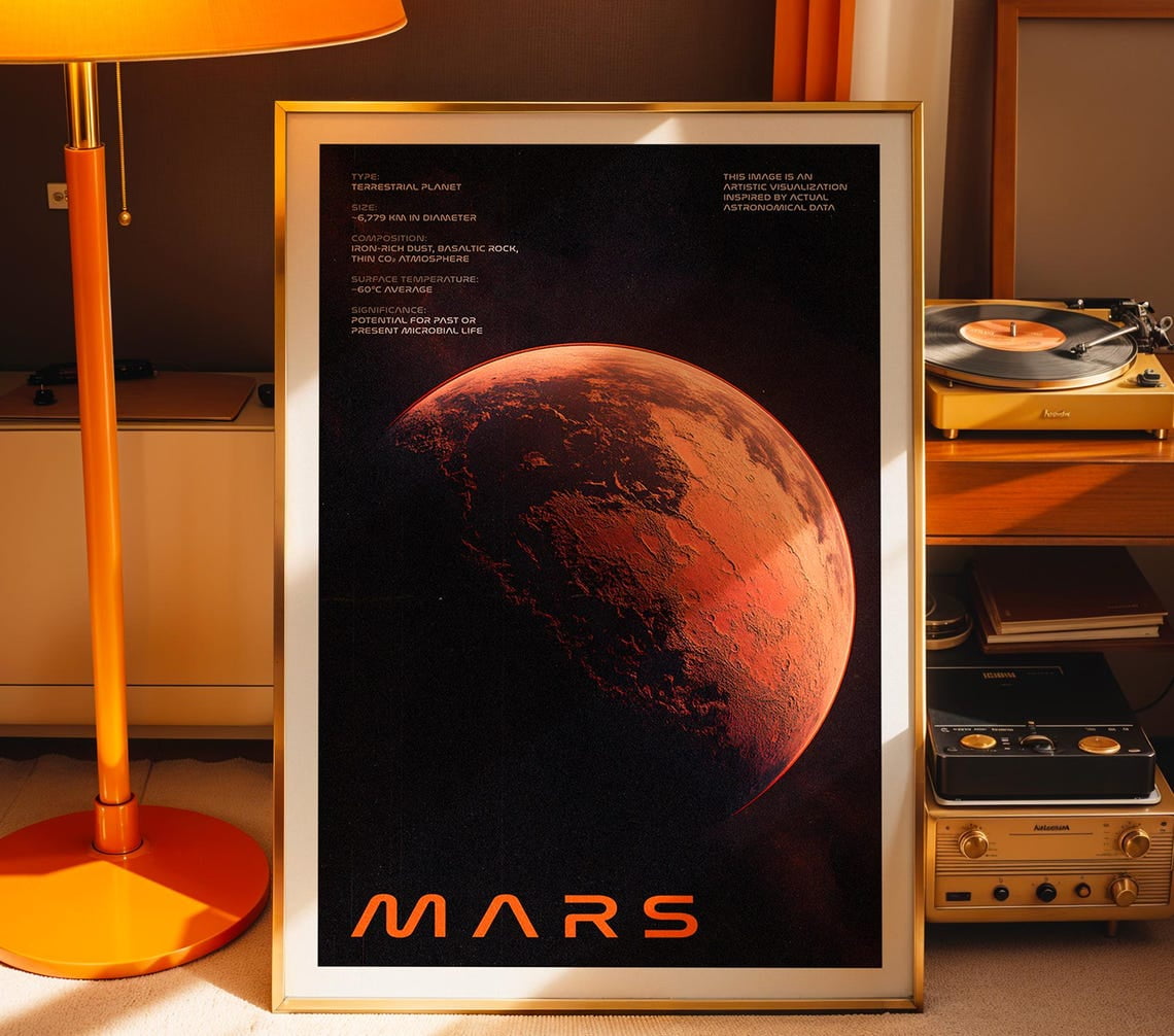 Mars Sci,Fi Print, Retro Wall Art With Scientific Data And Red Planet ...