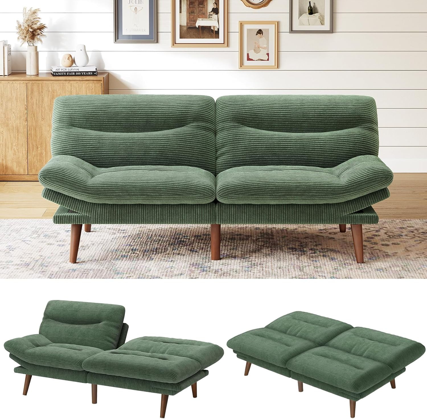 Marsail Futon Sofa Bed, Corduroy Futon Couch with Adjustable Backrest ...