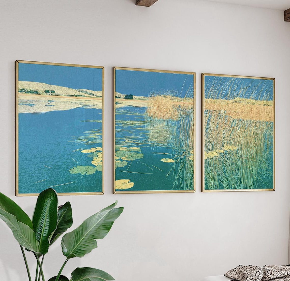 Marsh Wetland Japanese-Style Landscape Reeds Reflections Set 3 Unframed ...