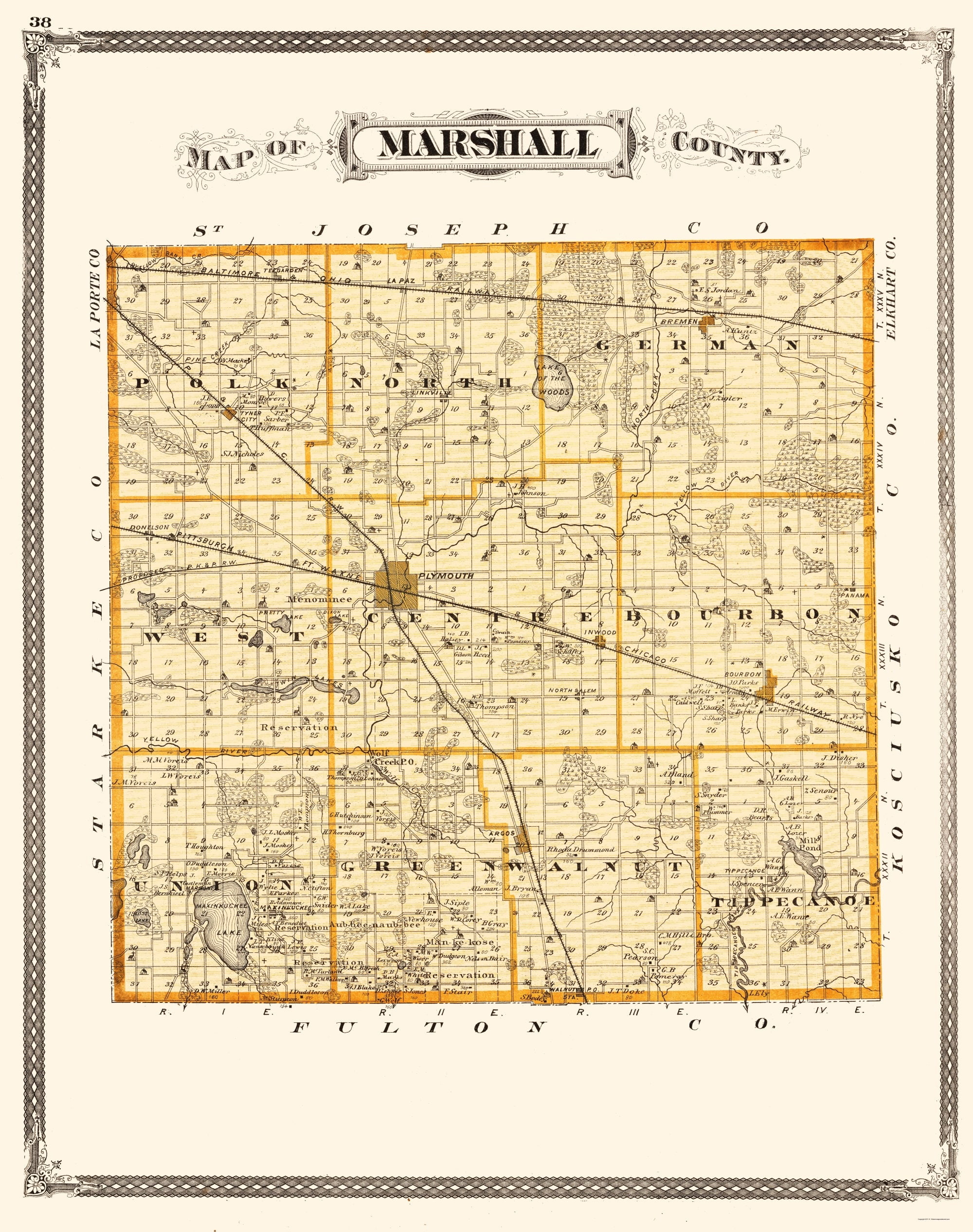 Historic County Map - Marshall County Indiana - Baskin 1876 - 23 x 29. ...