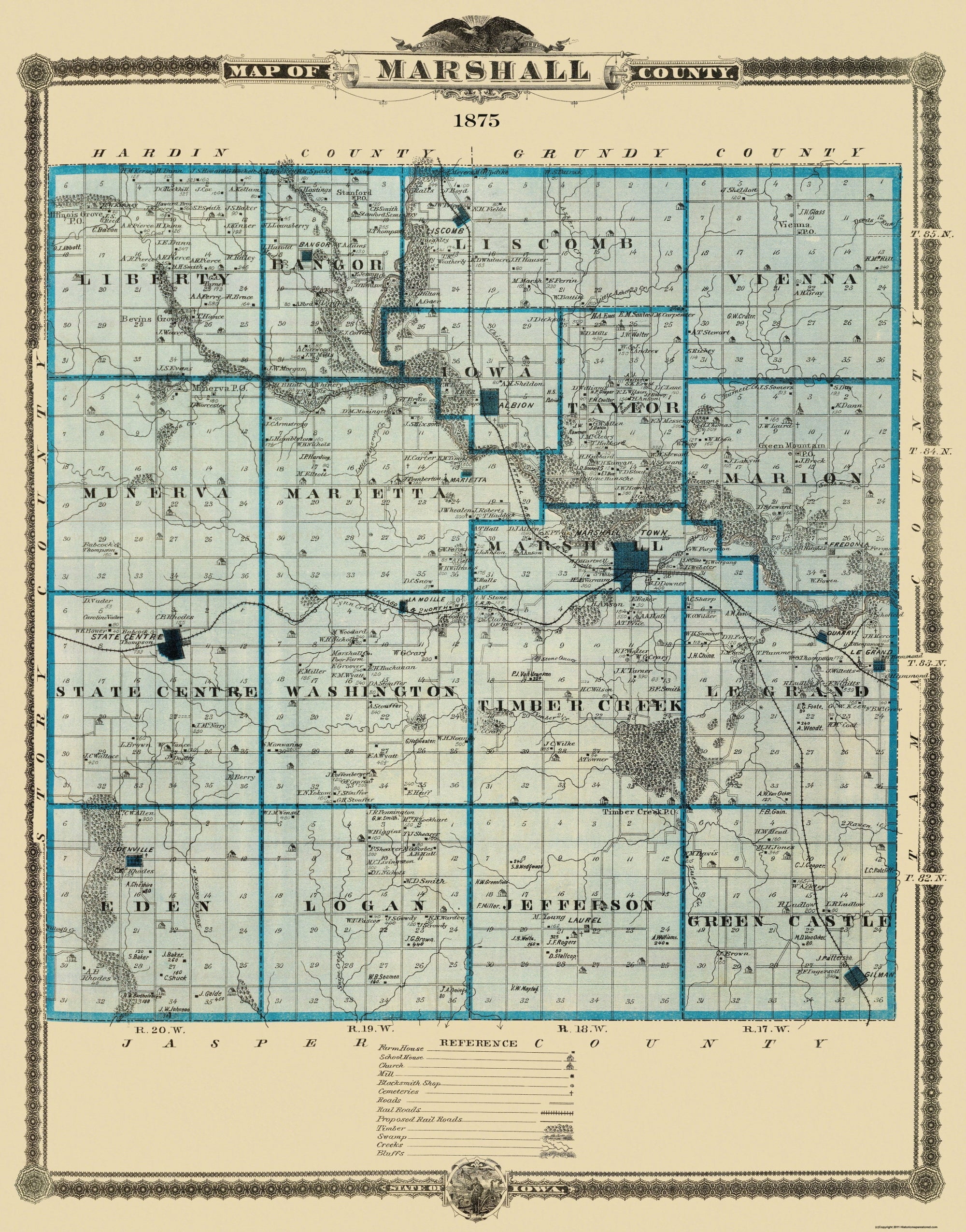 Historic County Map - Marshall County Iowa - Shober 1875 - 23 x 29.31 ...