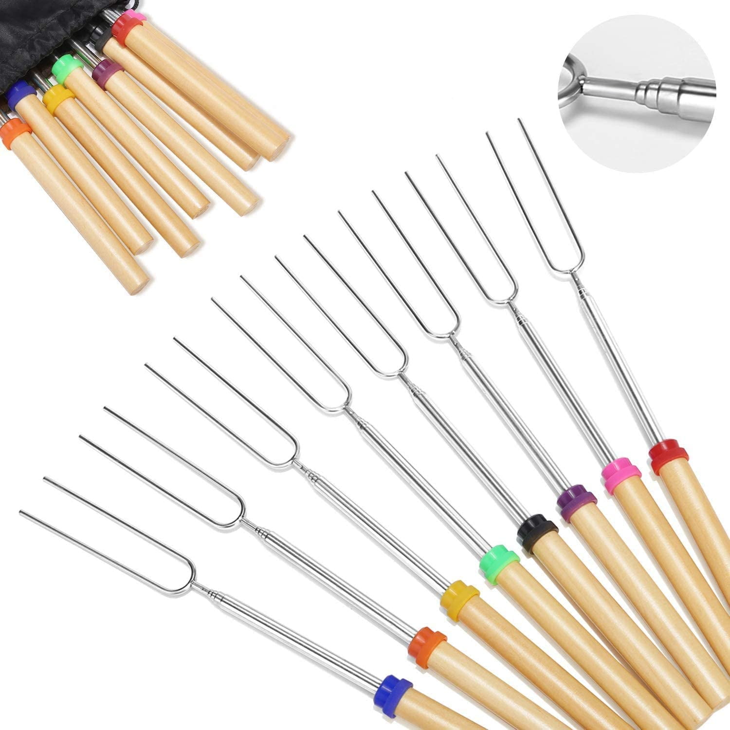 Marshmallow Roasting Sticks, 8 Pack Stainless Extendable Forks with Wooden Handle, Hot Dog ...