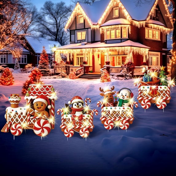 Marsui 4 Pcs Christmas Train Decoration Yard Sign with 4 LED Light Lawn ...