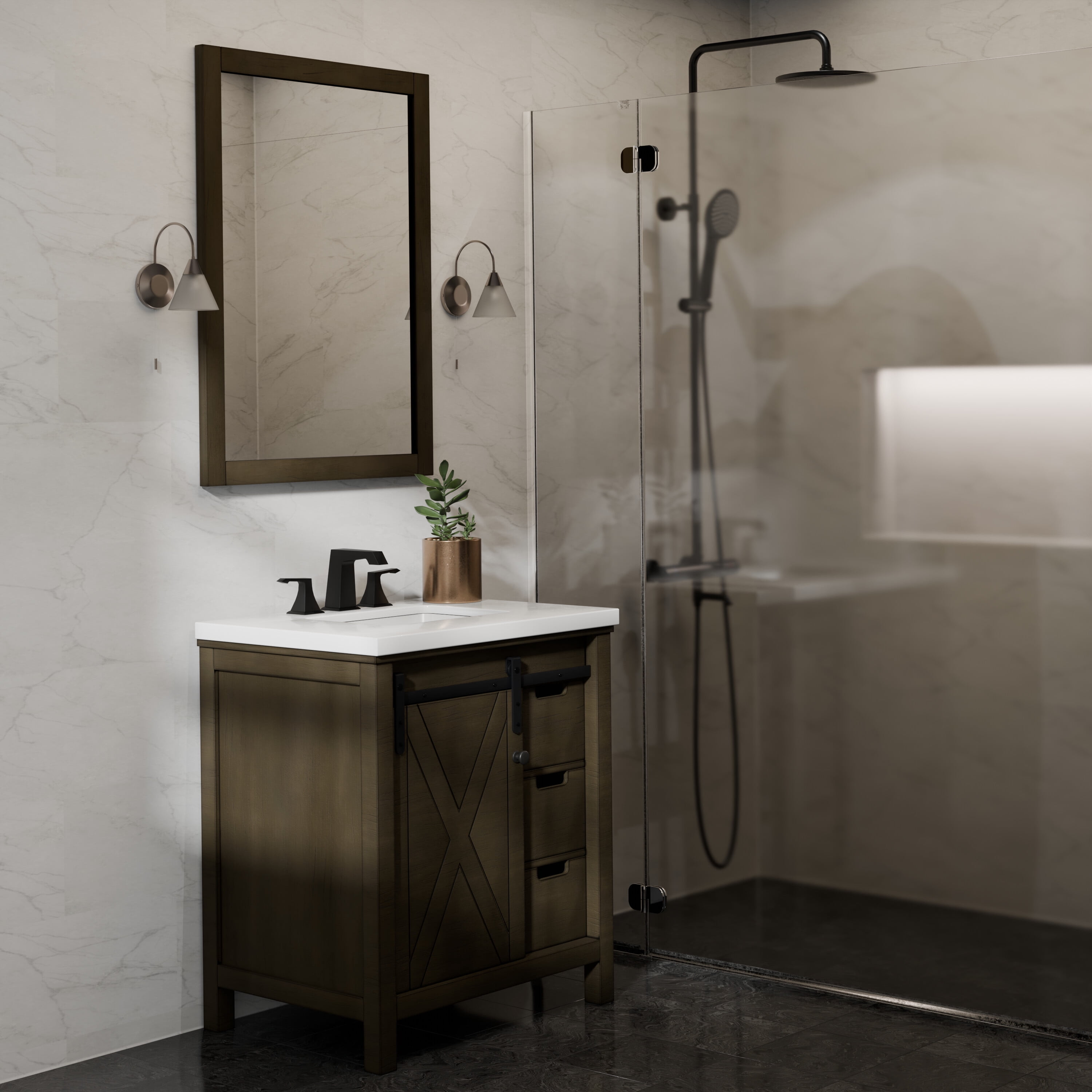 Marsyas 30 in W Rustic Brown Vanity, Cultured Marble Top, Faucet Set ...