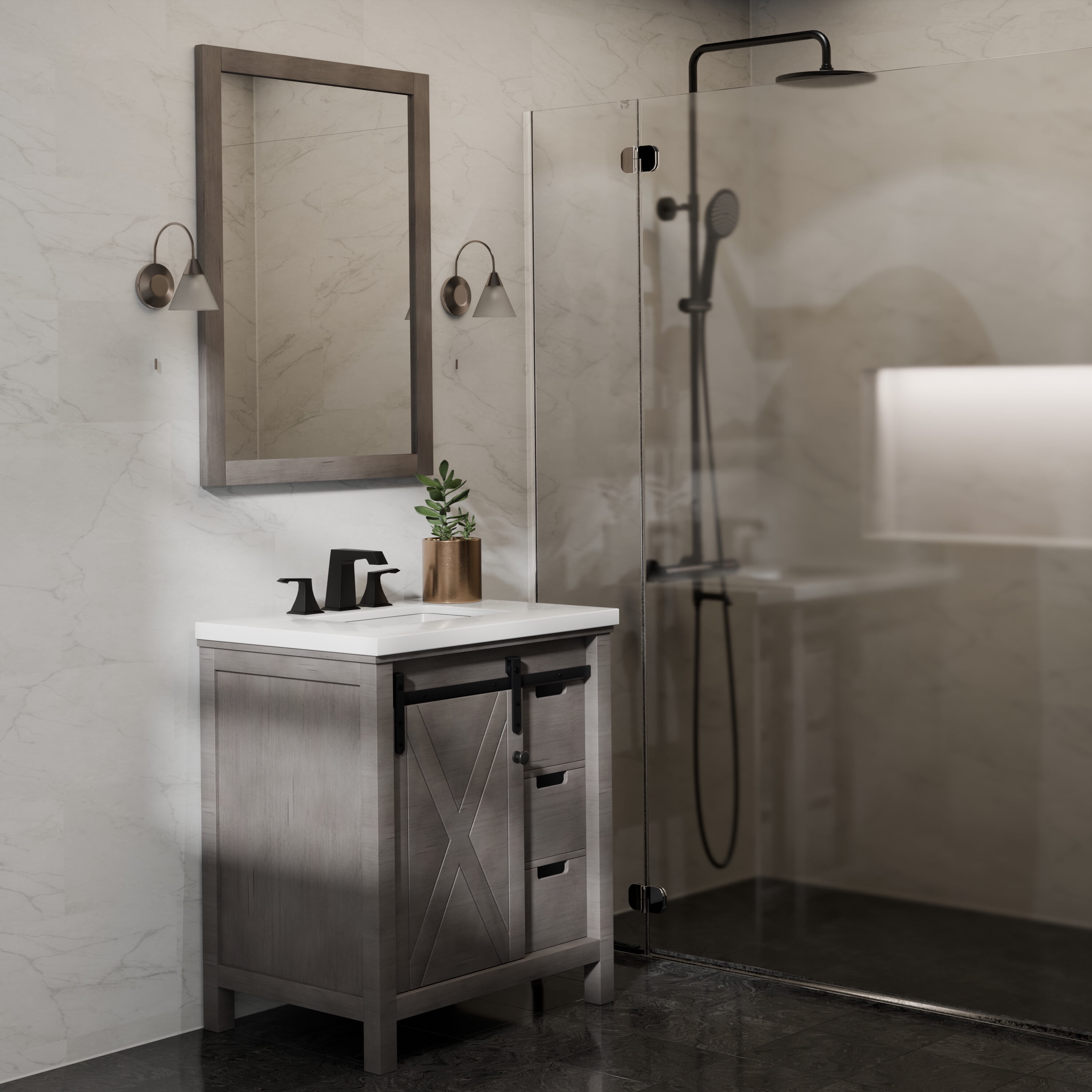 Marsyas 30 in W x 22 in D Ash Grey Bath Vanity, White Quartz Countertop ...