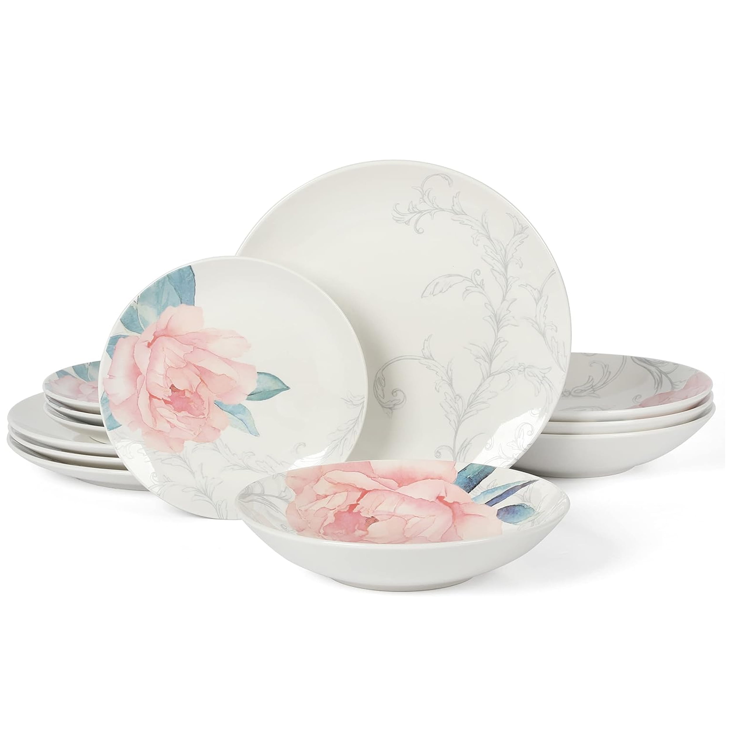 Martha Stewart Everyday Peony 12 Piece Round Fine Ceramic Dinnerware ...