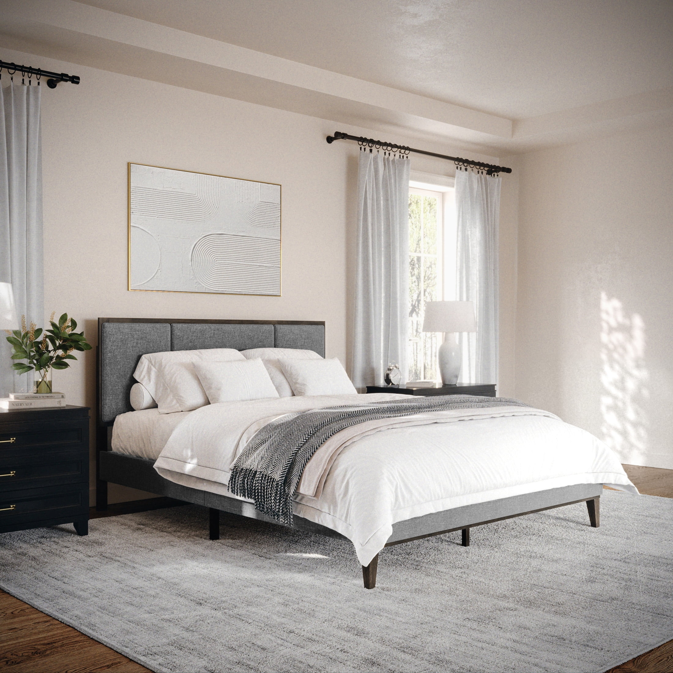 Martha Stewart Jett Queen Size Solid Wood Platform Bed with Upholstered ...