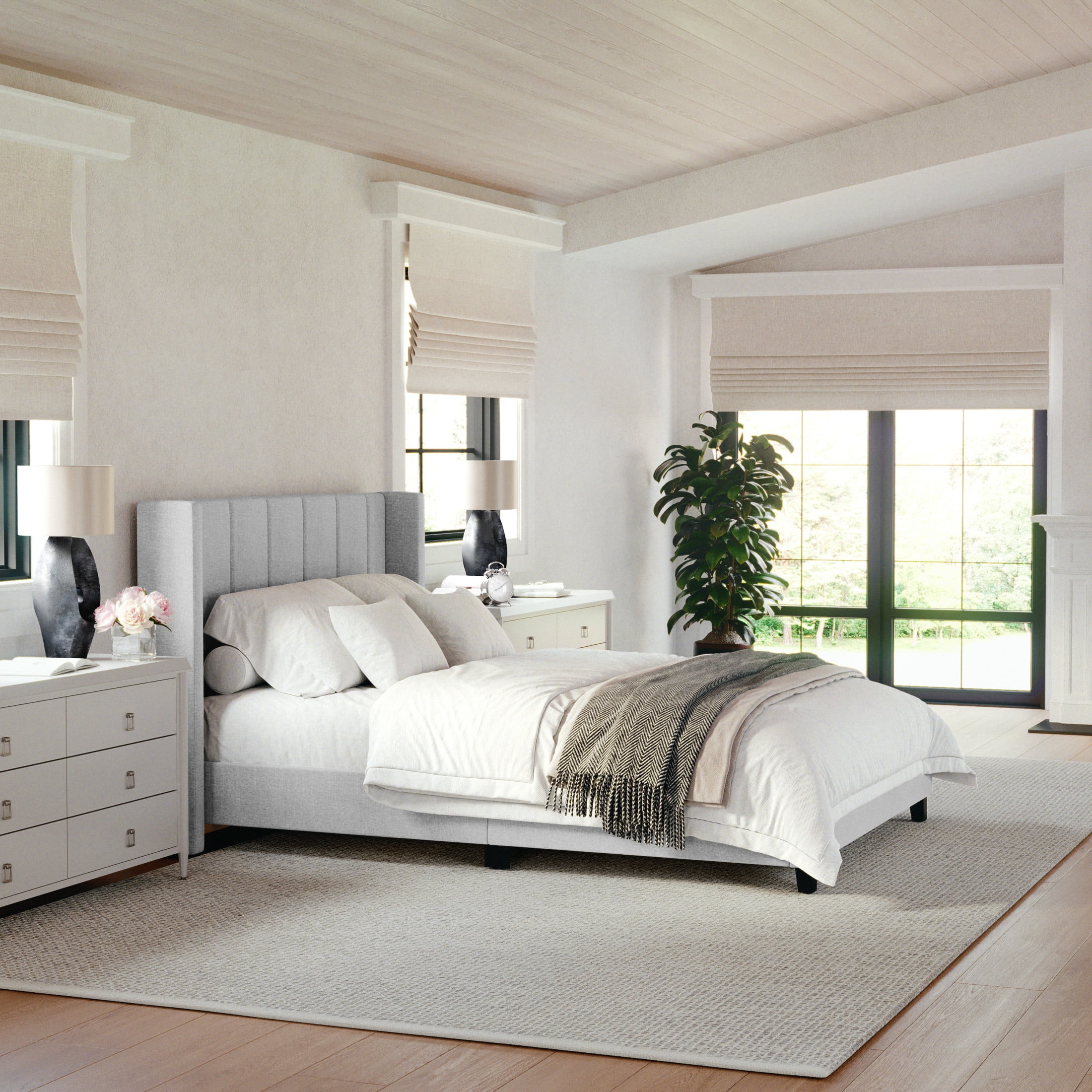Martha Stewart Kay Full Upholstered Platform Bed with Channel Stitched ...