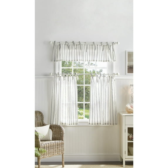 Martha Stewart Laguna Stripe, Valance & Tiers 3-Piece Set, Gray Indoor Curtain, Polyester, Adult ...