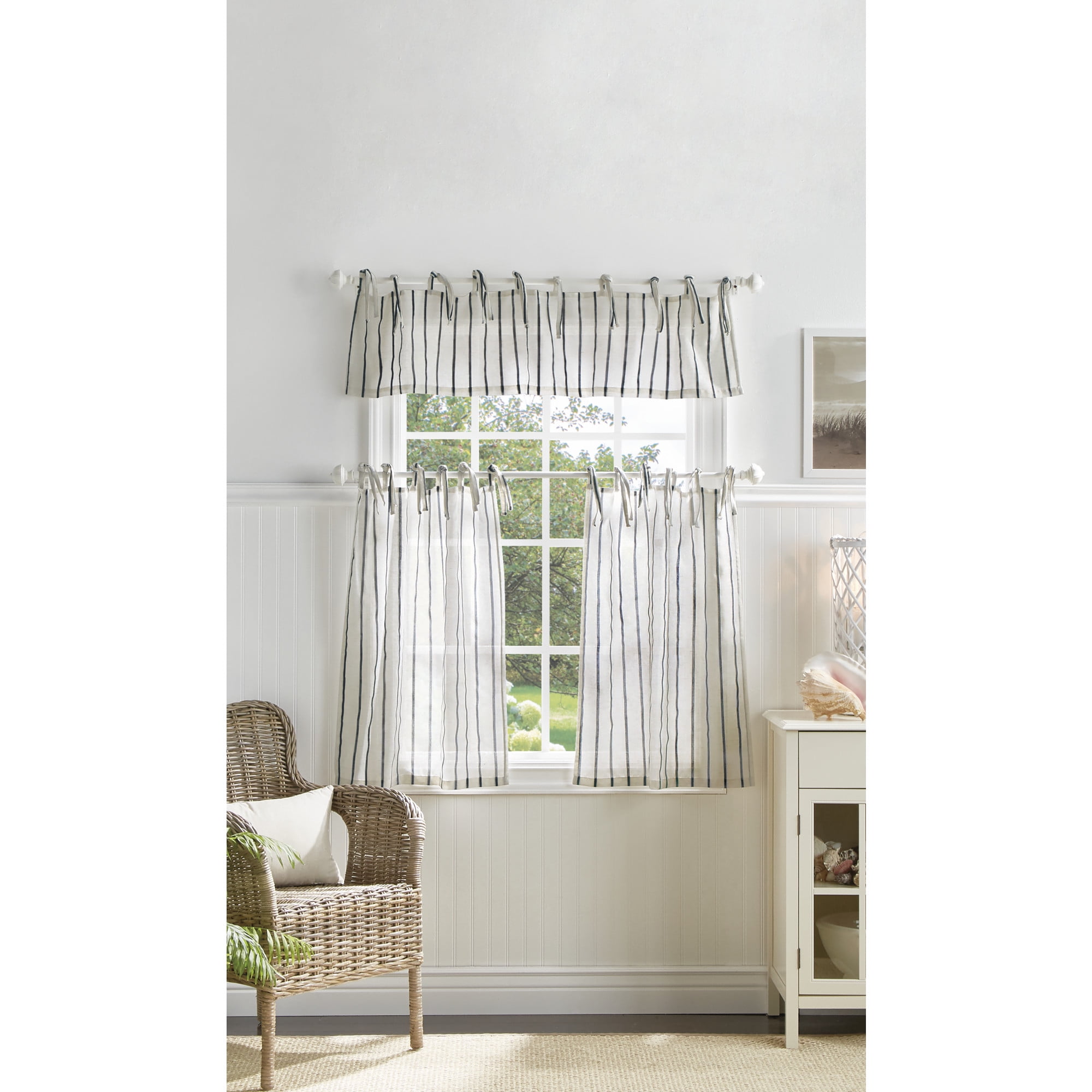 Martha Stewart Laguna Stripe, Valance & Tiers 3-Piece Set, Navy Indoor Curtain, Polyester ...