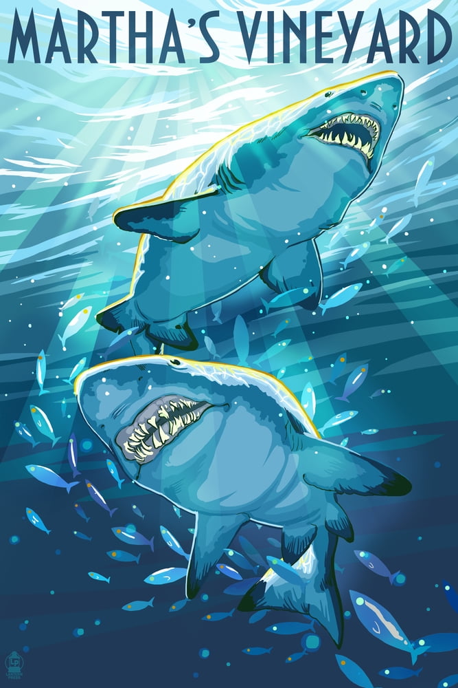 Martha's Vineyard, Stylized Tiger Sharks (16x24 Giclee Gallery Art ...