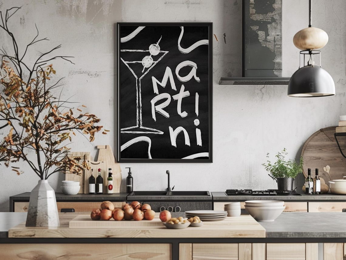 Martini Chalk Art Print - Classic Cocktail Wall Art, Retro Bar Sign For ...