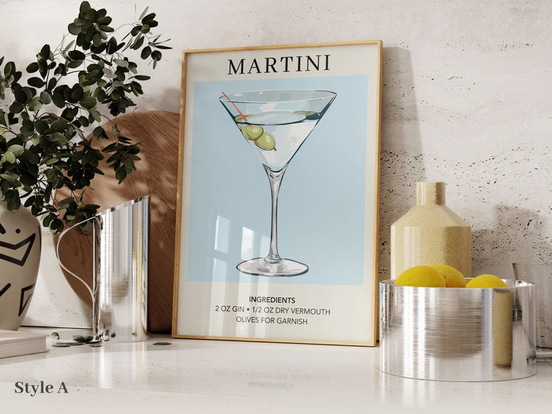Martini Cocktail Art Print | Bar Cart Decor | Classic Martini Poster ...