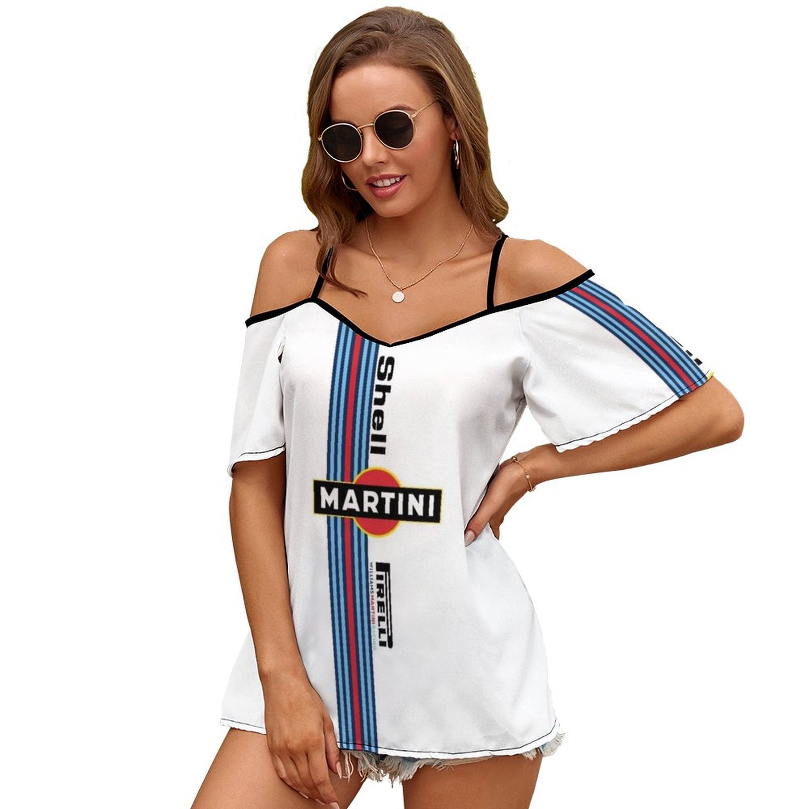 Martini Racing 2198 Women Print T Shirt Casual Off Shoulder Loose ...