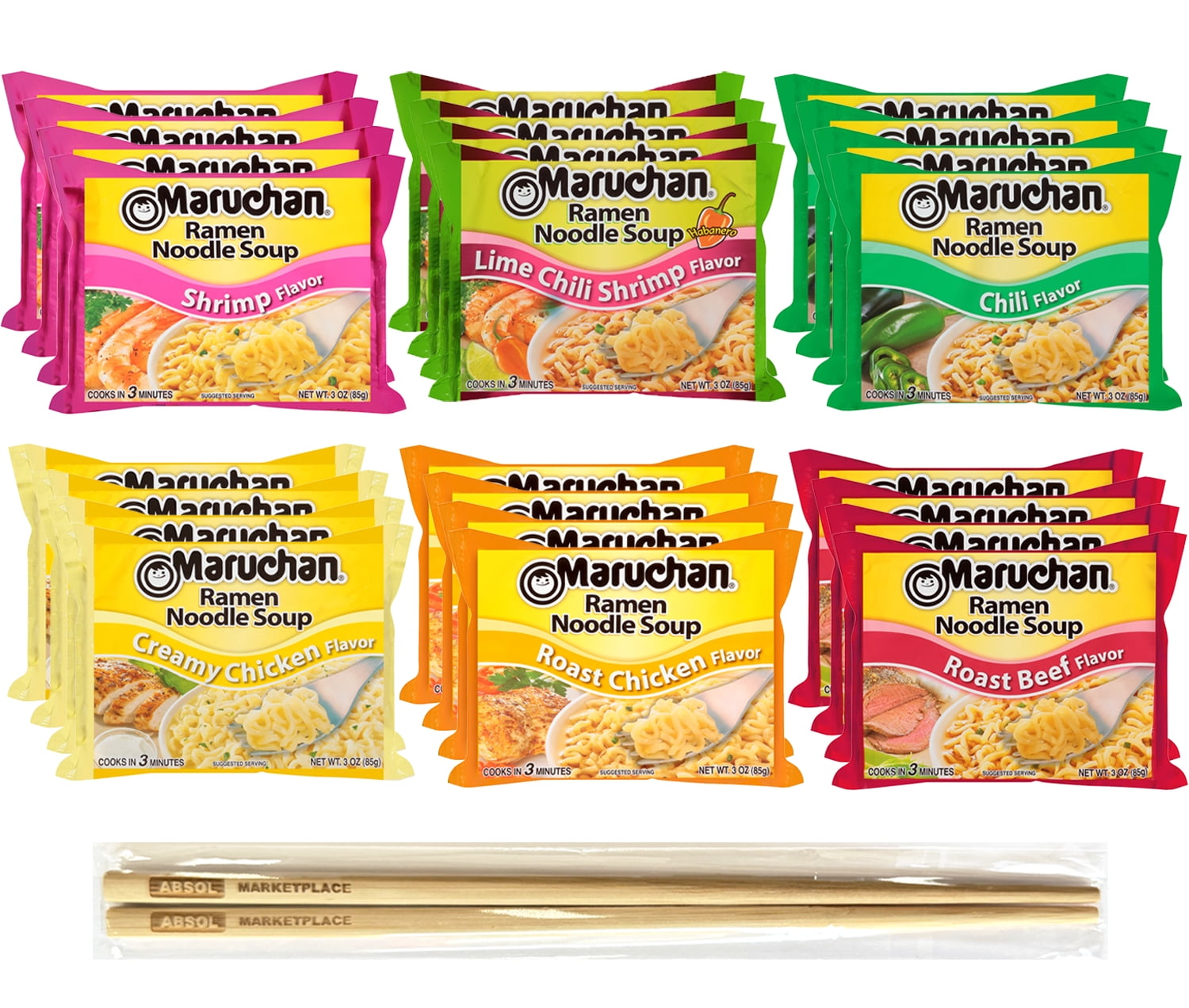 Maruchan Ramen Noodle Soup Variety, 6 Flavors, 3 Ounce, 4 Packages each Flavor l Pack of 24 bags ...