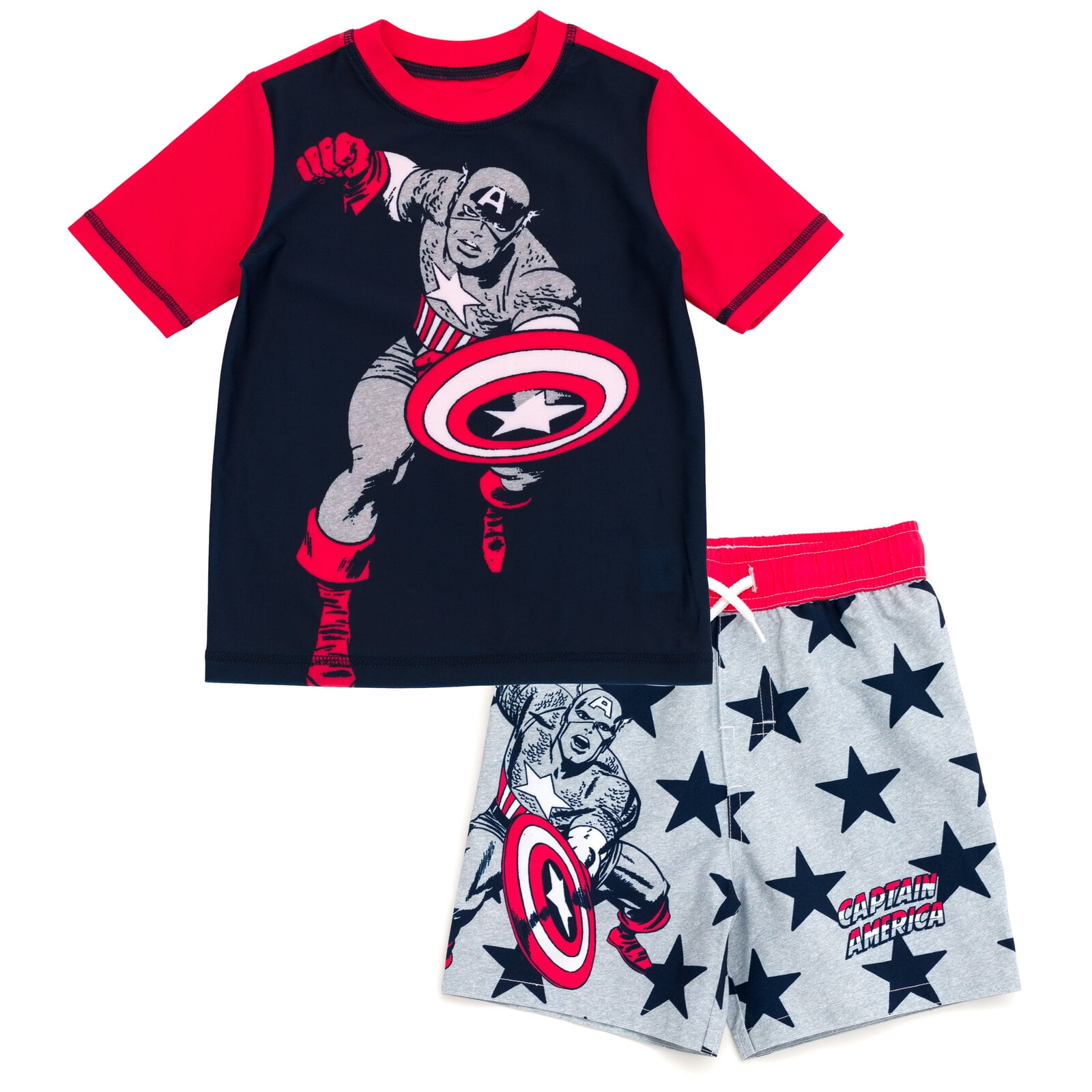 Marvel Avengers Captain America UPF 50+ Rash Guard Swim Trunks Outfit ...