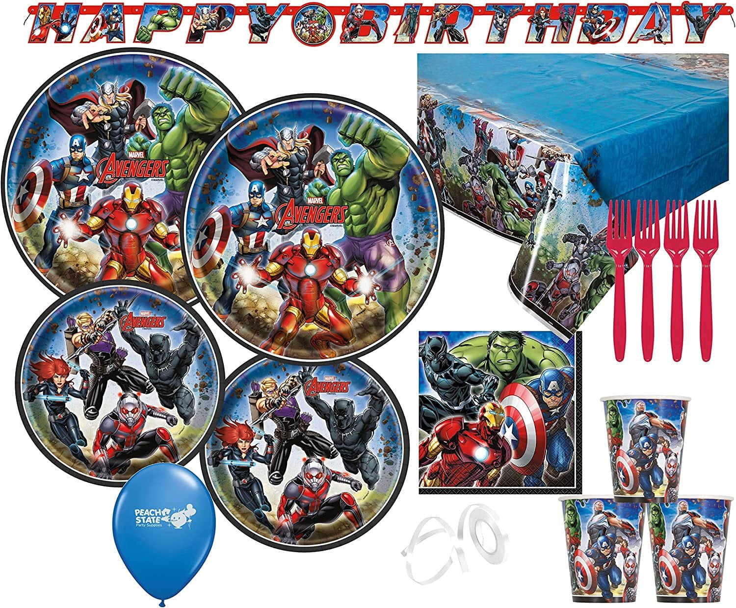 Marvel Avengers Party Bundle: Plates, Napkins, Cups, Table Cover, Forks ...