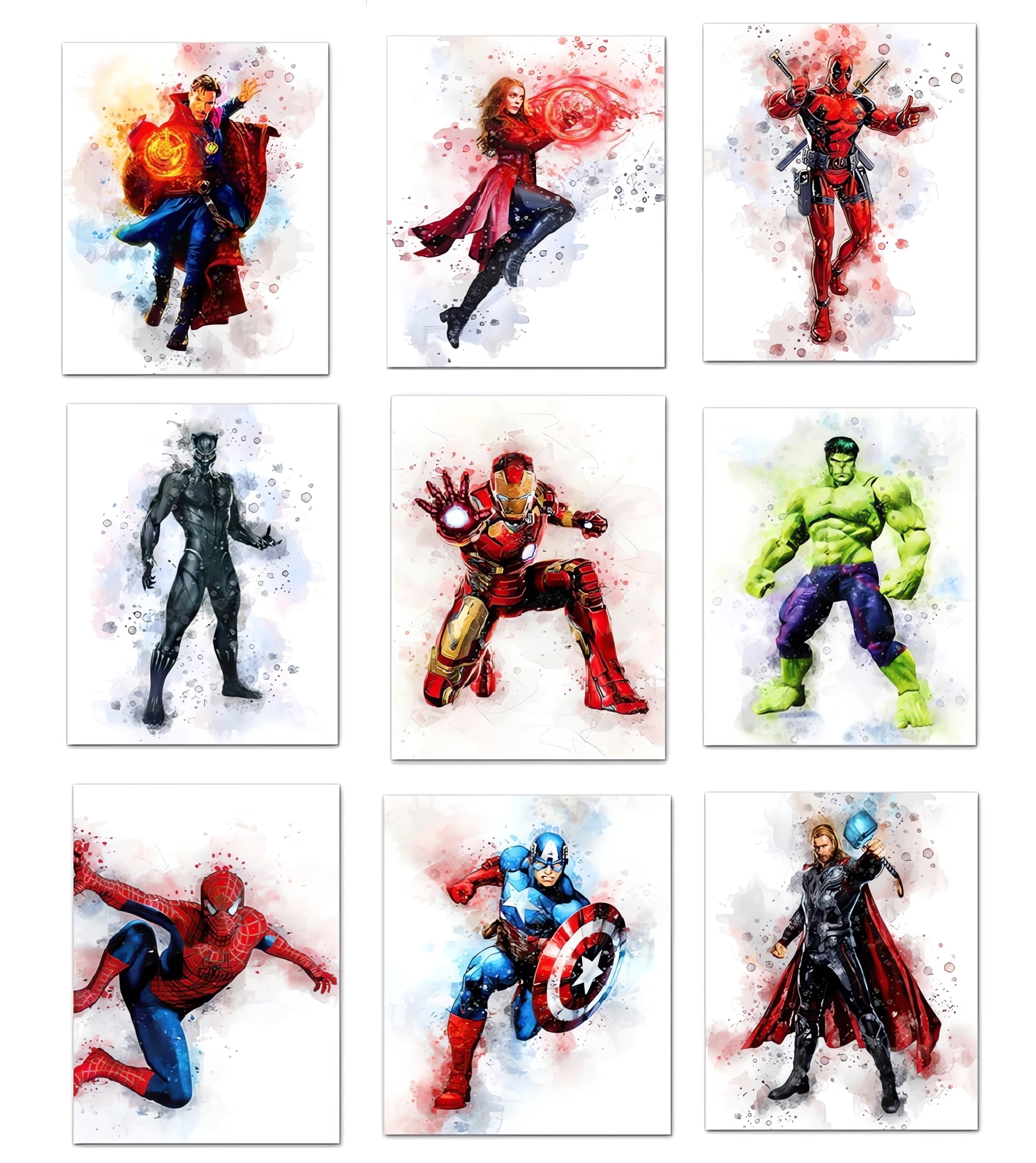 Marvel Avengers Watercolor Posters - Set of 9 (8" x 10") Anime Cartoon ...