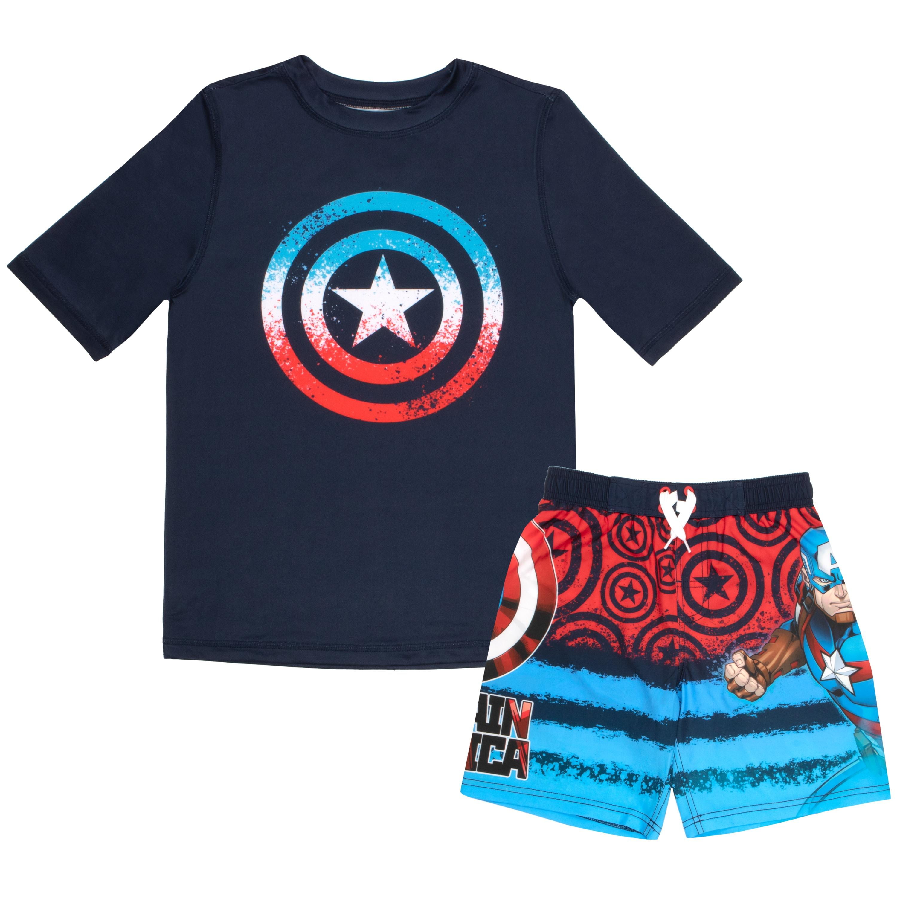 Marvel Captain America Boys Bathing Suit Swimwear, 2-Piece Set Rash Guard & Shorts (Size 4-12 ...