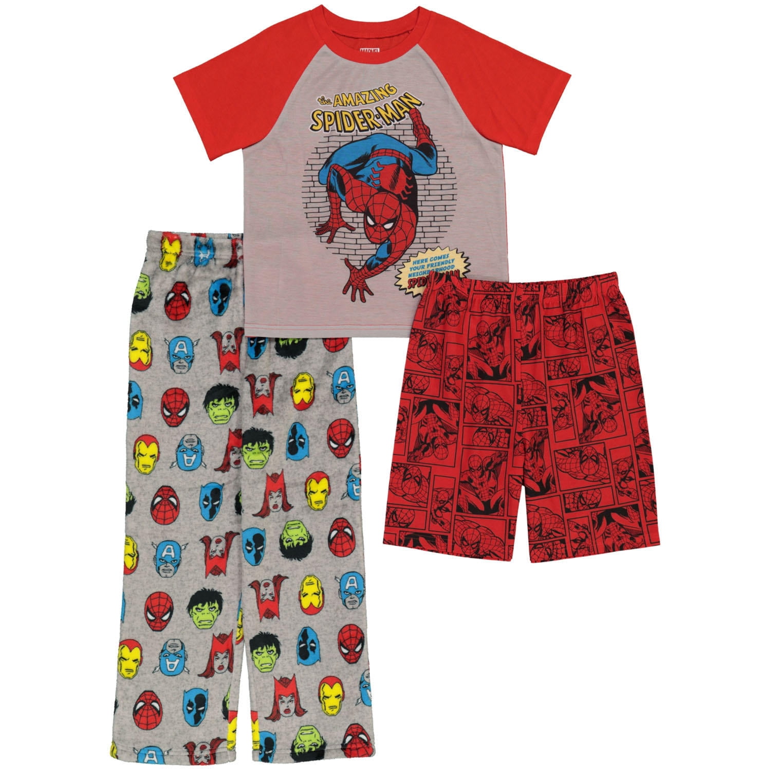 Marvel Comics Spider-Man 3 Piece Short Sleeve Polyester Pajama Set (6 ...