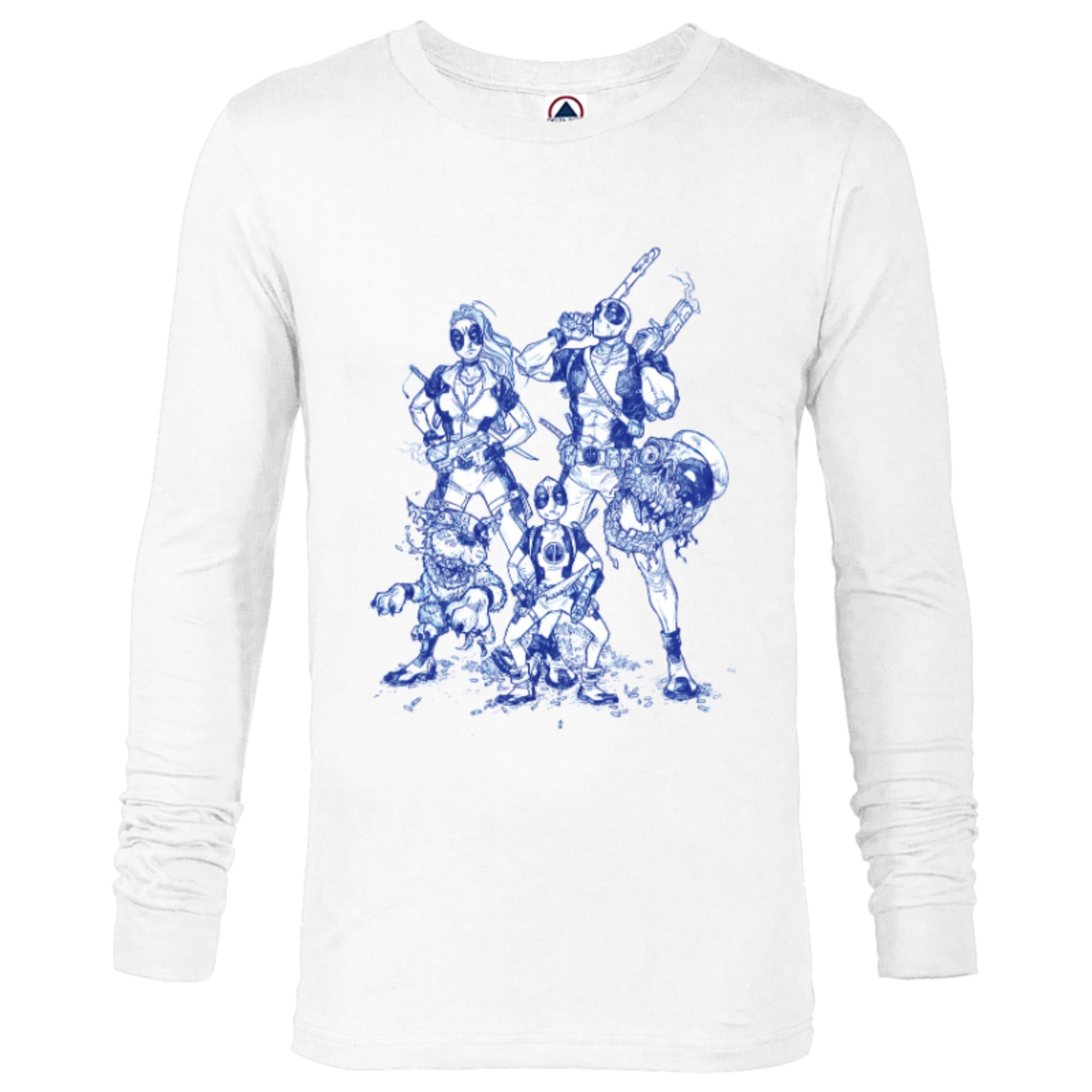 Marvel Deadpool Family Comic Blue Line Sketch Art- Long Sleeve T-Shirt ...