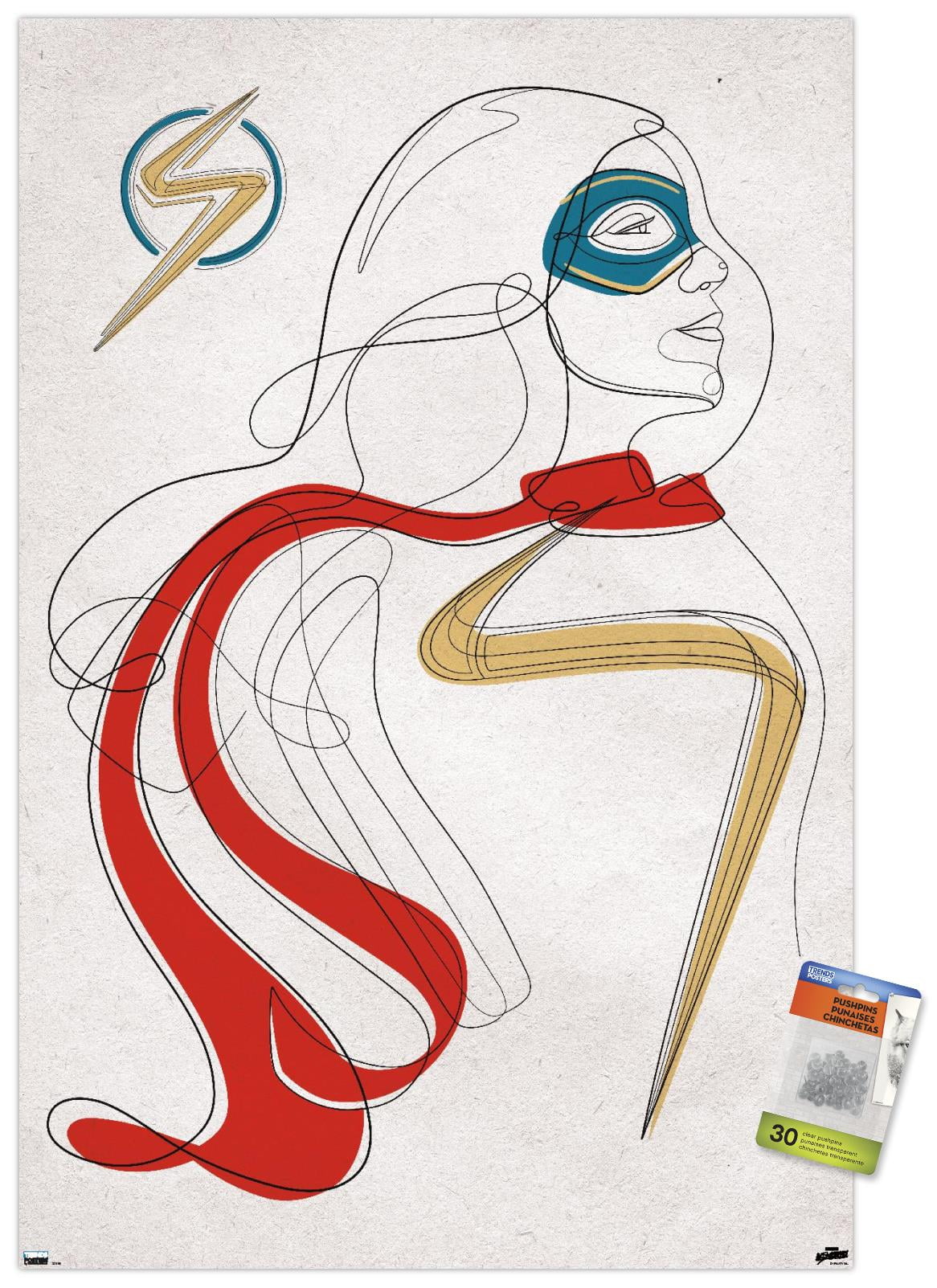 Marvel Ms. Marvel - Line Drawing Wall Poster with Pushpins, 22.375" x ...