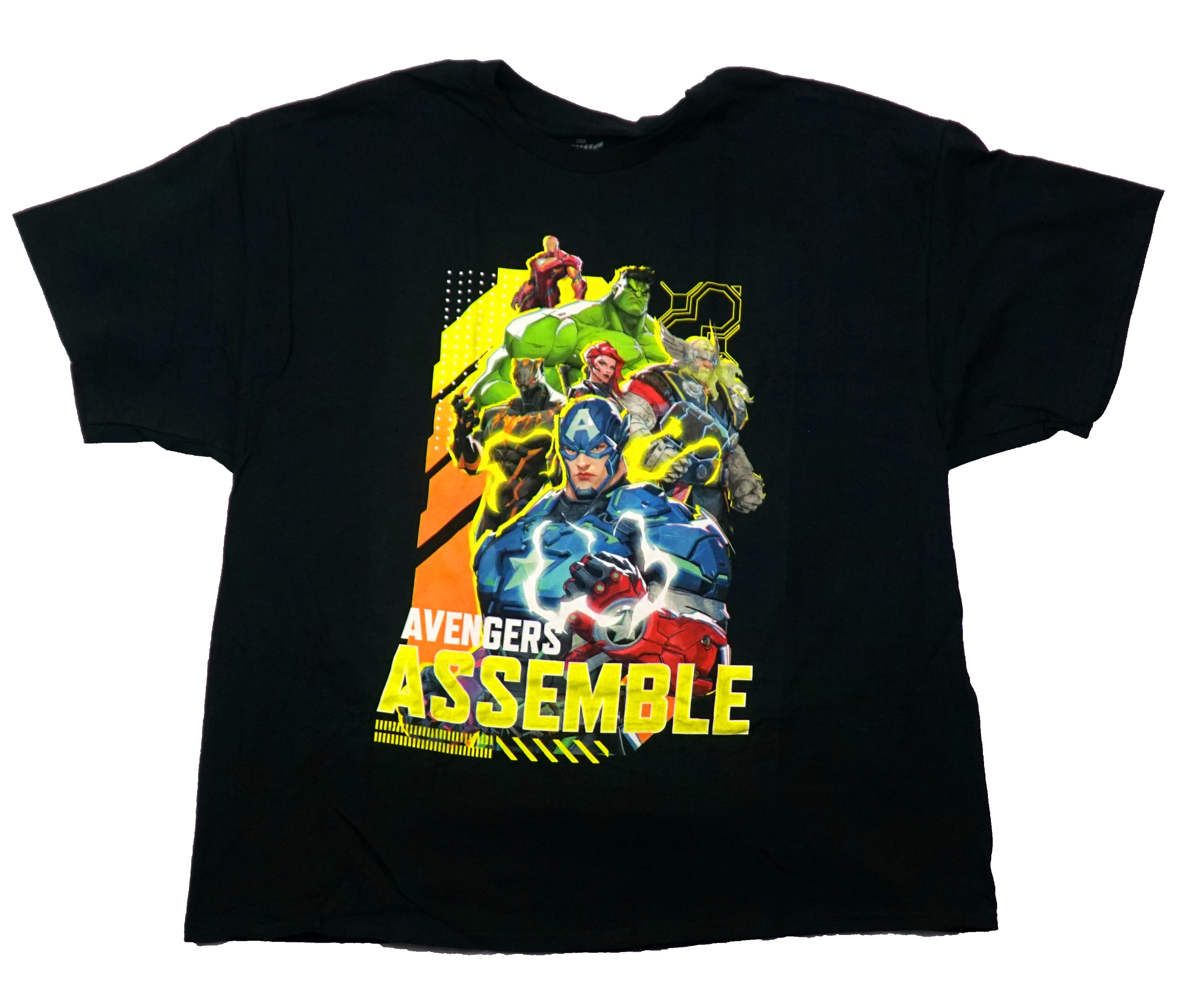 Marvel Rivals Mens T-Shirt - Electrified Cast over Avengers Assemble ...