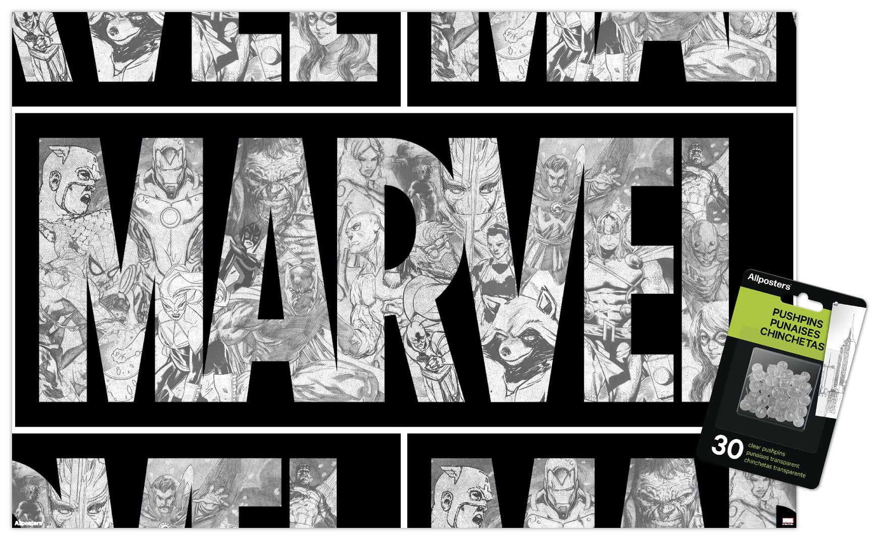Marvel Sketch - Marvel Logo Wall Poster with Push Pins, 14.725" x 22. ...