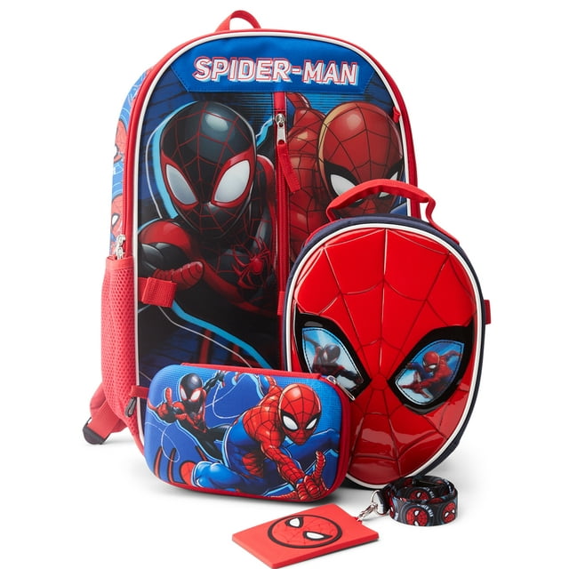 Marvel Spiderman Boy's 4-Piece Backpack with Lunch Bag Set, Red/Blue ...