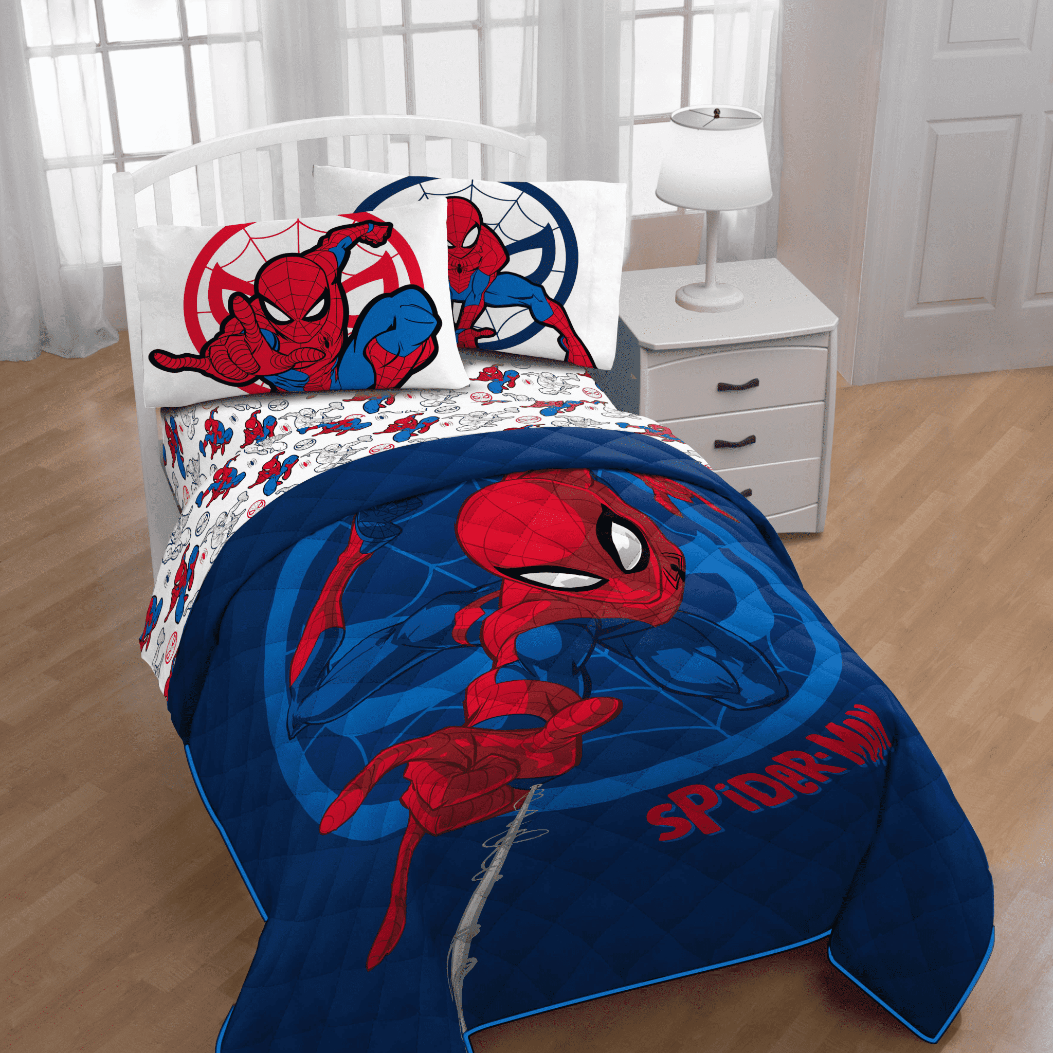 Marvel Spiderman Kids Quilt Set, Twin Size, 4 Pieces, Bold Colors ...