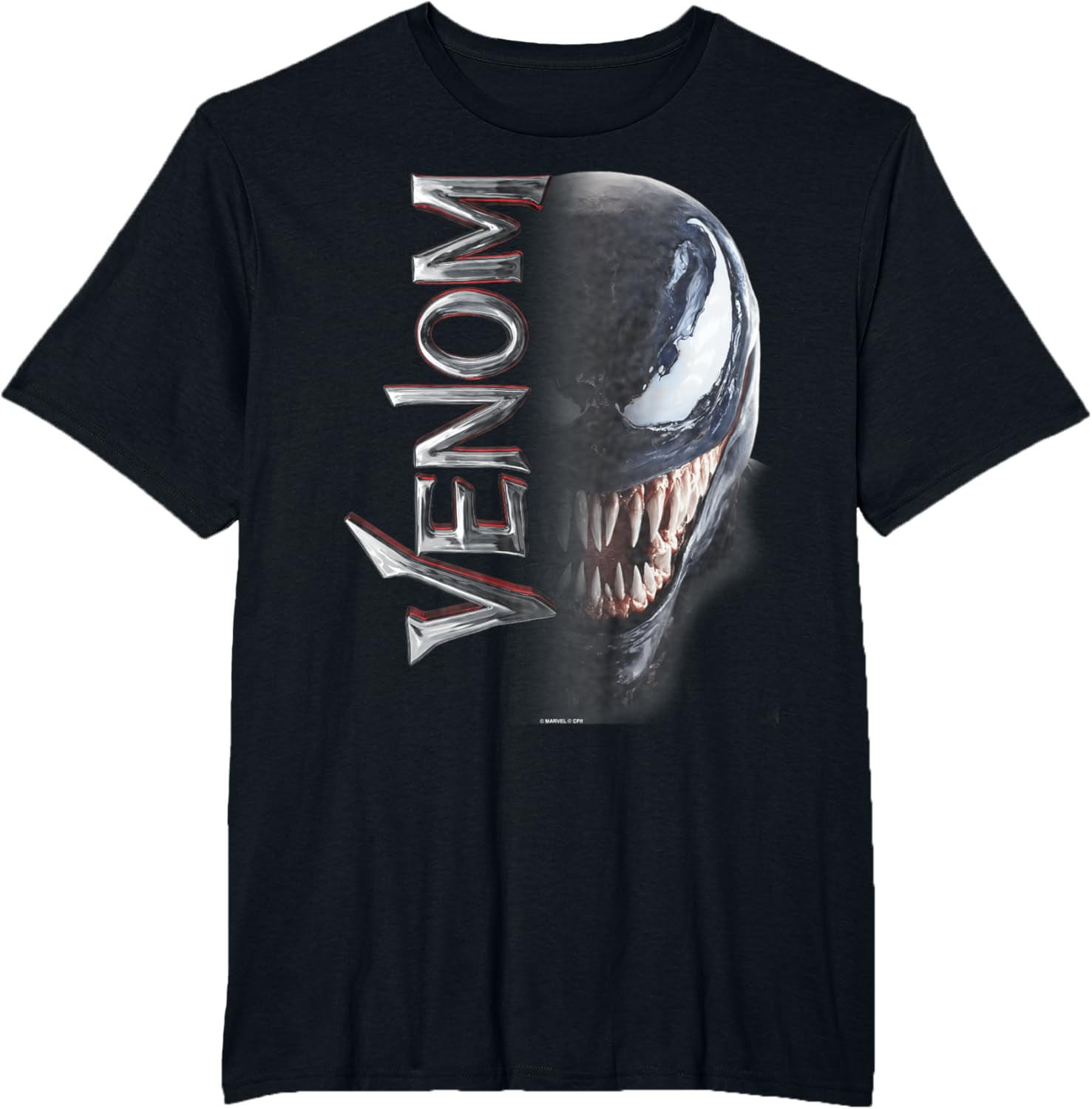 Marvel Venom Split Down The Middle Grin T-Shirt, Bold Vertical Logo ...